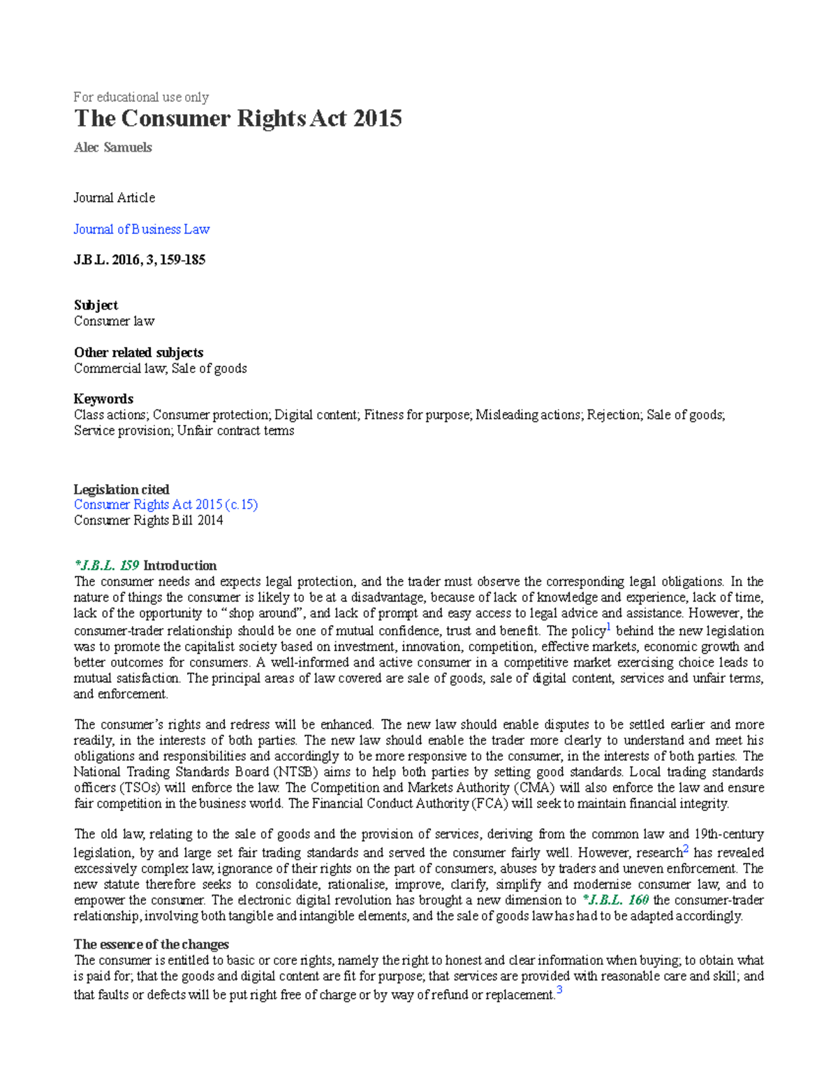 Article on The Consumer Rights Act 2015 - For educational use only The ...