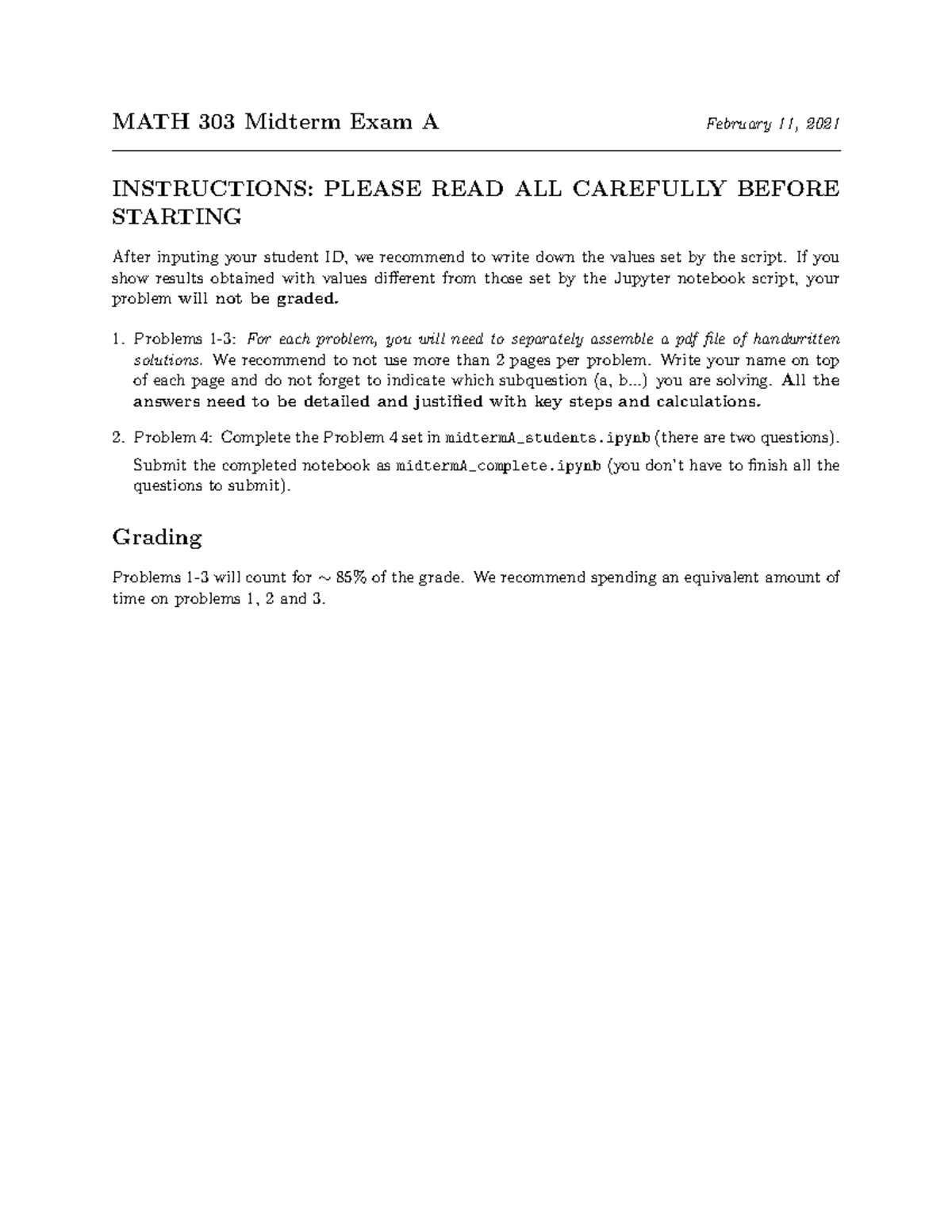 Midterm 1A - MATH 303 Midterm Exam A February 11, 2021 INSTRUCTIONS ...