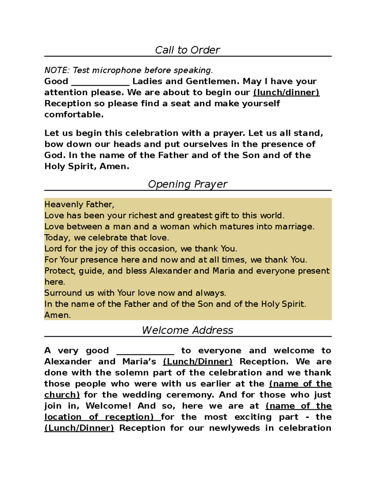 Wedding Reception Script - Call to Order NOTE: Test microphone before ...