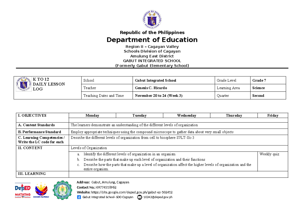 DLL Sci7 Q2W3 levels of organization - Republic of the Philippines ...
