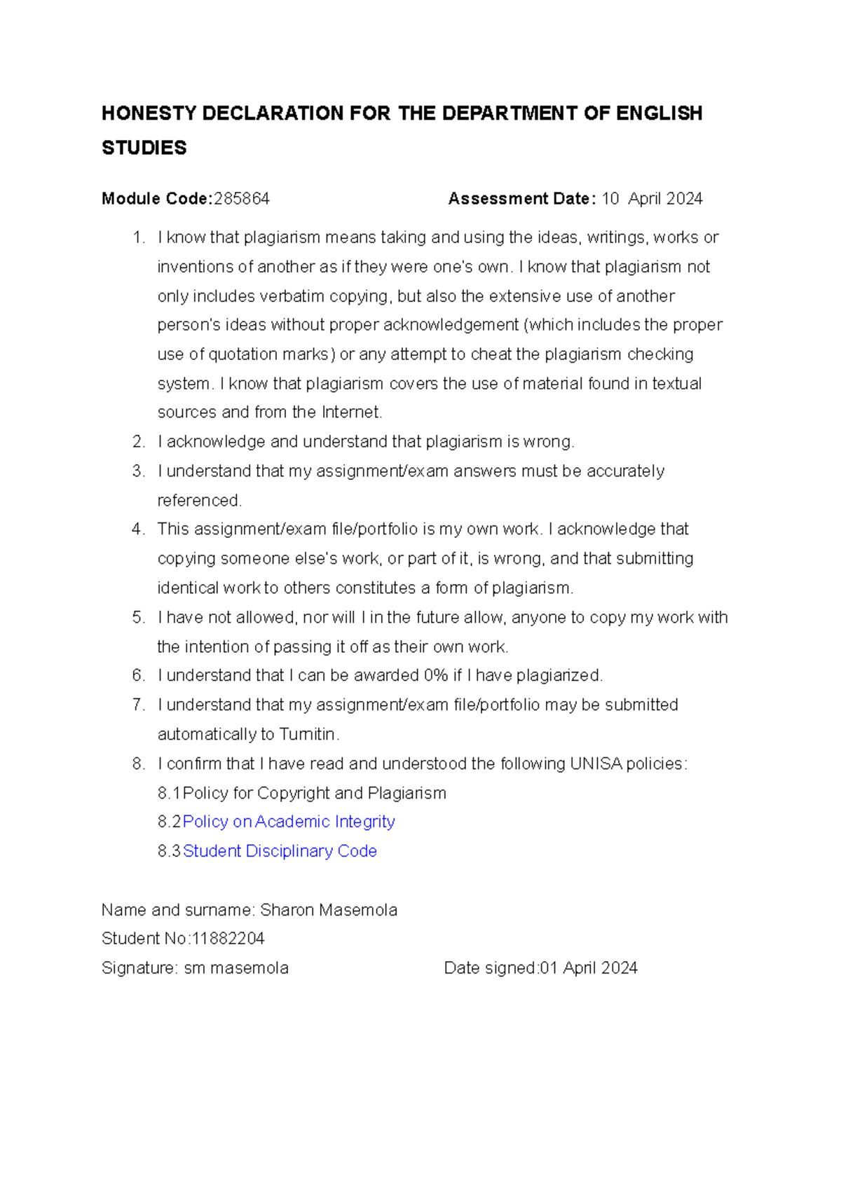 ENG1503 Assignment no 02 - HONESTY DECLARATION FOR THE DEPARTMENT OF ...