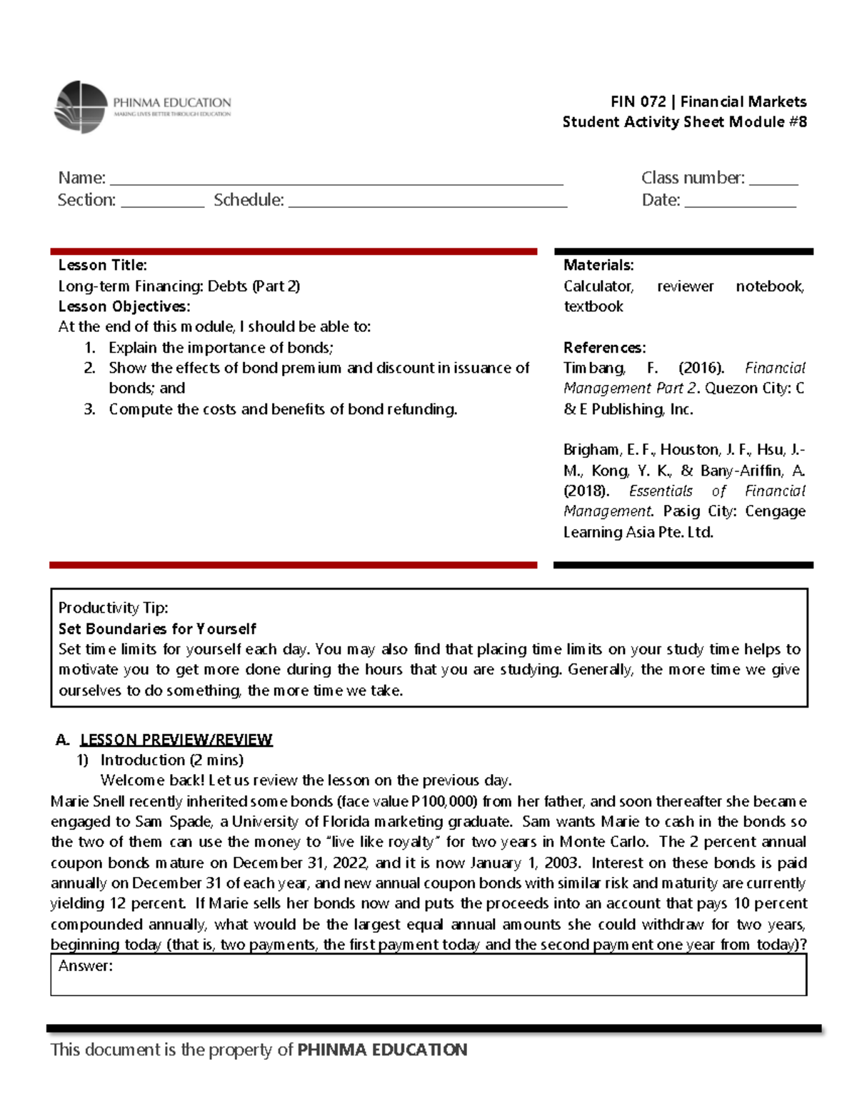 Copy of FIN 072 SAS Day 8 OUT - Student Activity Sheet Module # Name: - Studocu