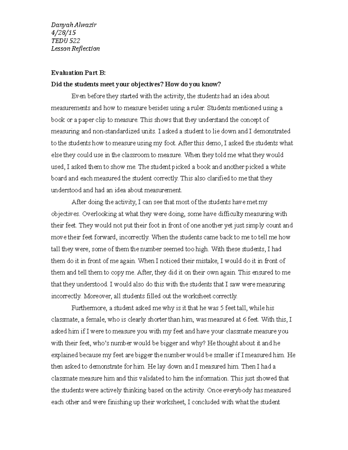 Lesson-Reflection - Lesson-Reflection - Danyah Alwazir 4/28/ TEDU 522 ...