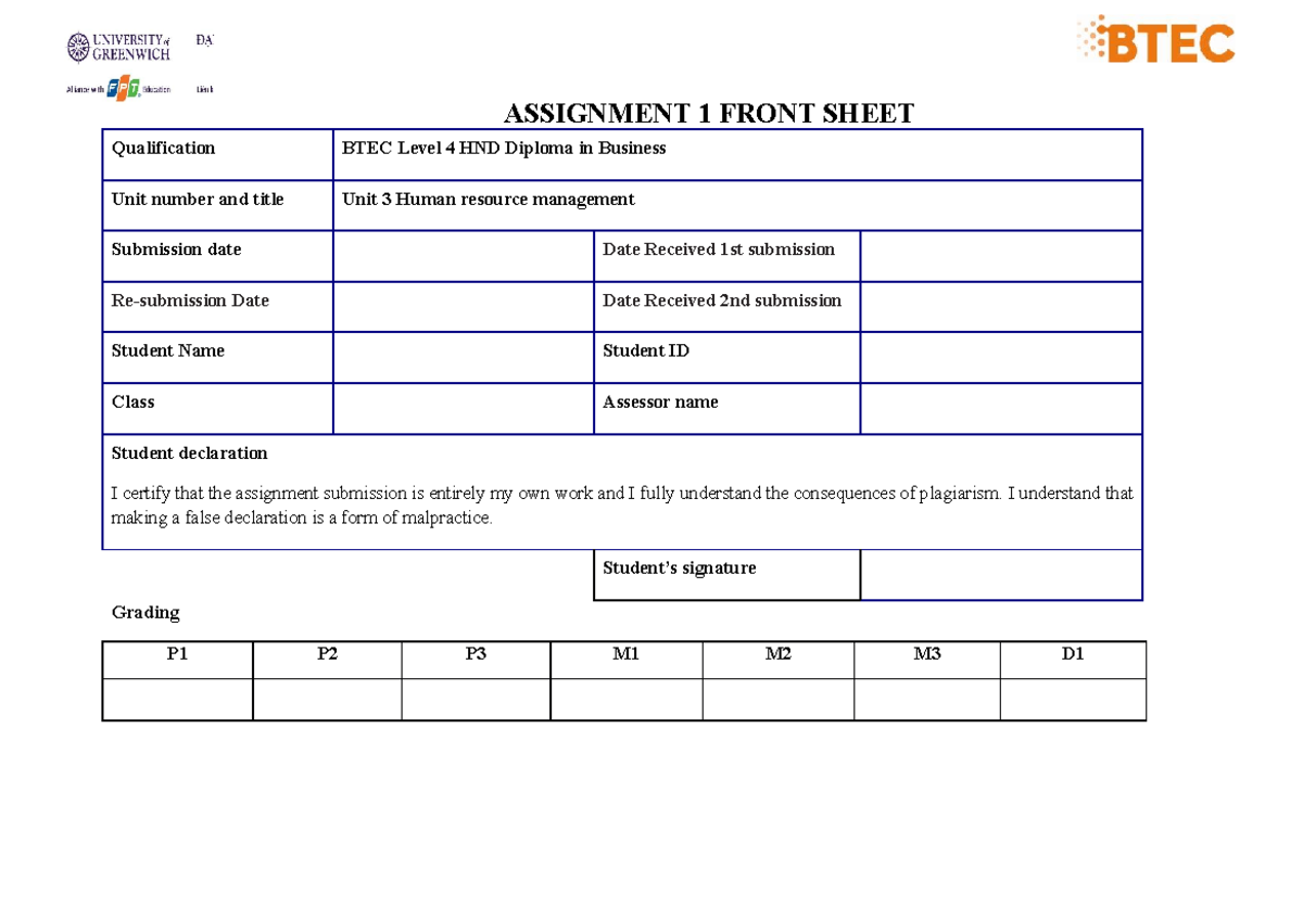5035.Assignment 1 frontsheet (2022) - ASSIGNMENT 1 FRONT SHEET Qualification BTEC Level 4 HND ...