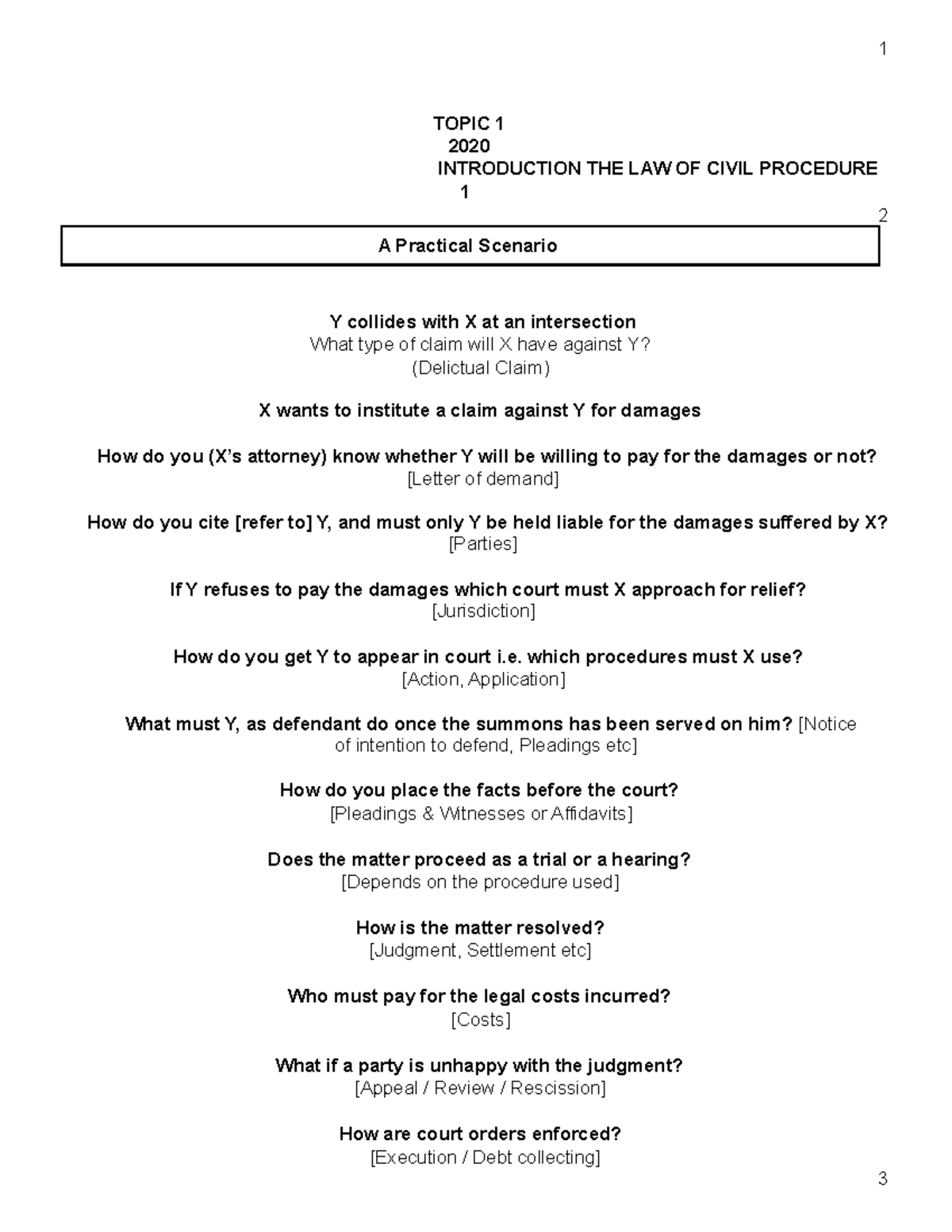 Final Proper Civil EXAM Notes - 1 TOPIC 1 2020 INTRODUCTION THE LAW OF ...