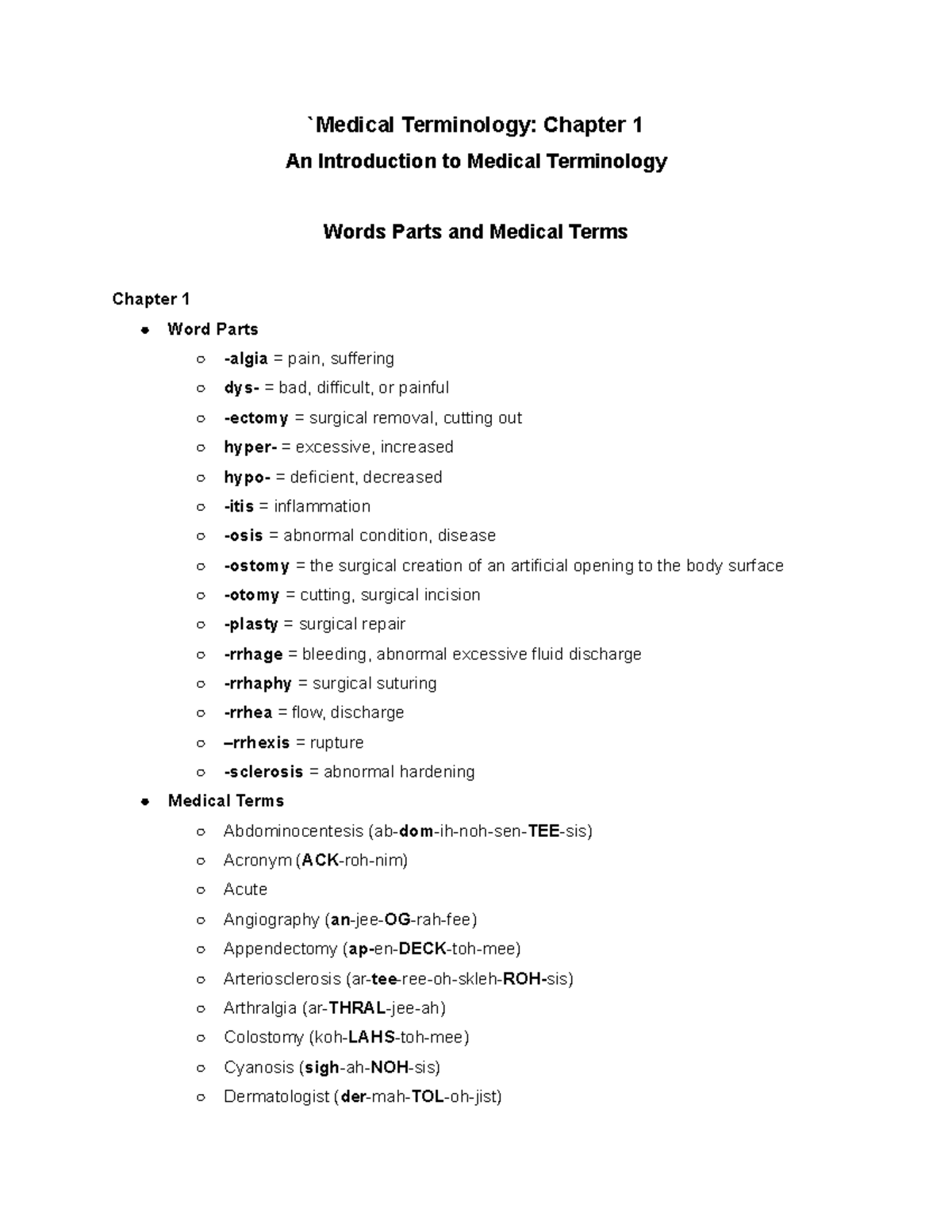 Word Parts and Medical Terms Ch 1 - `Medical Terminology: Chapter 1 An ...