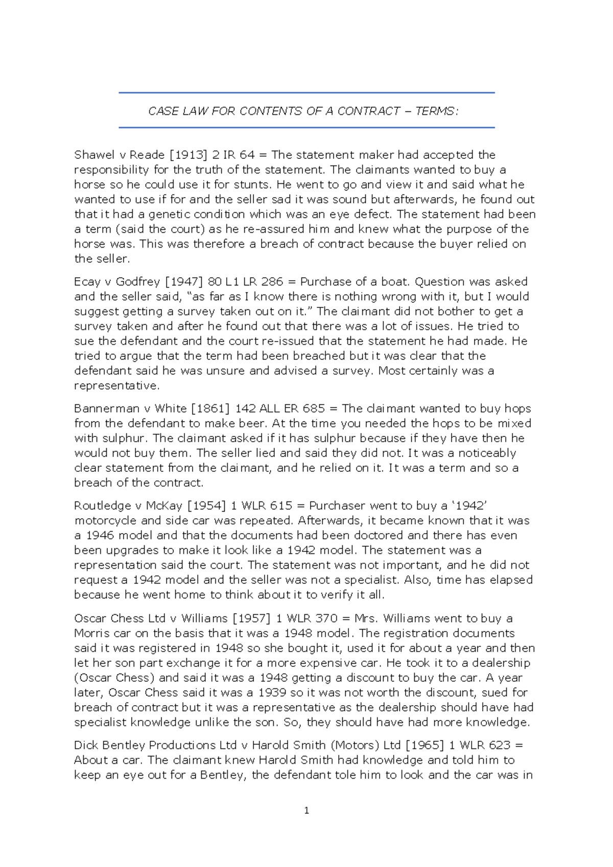 Case law for contents of a contract – terms - CASE LAW FOR CONTENTS OF ...