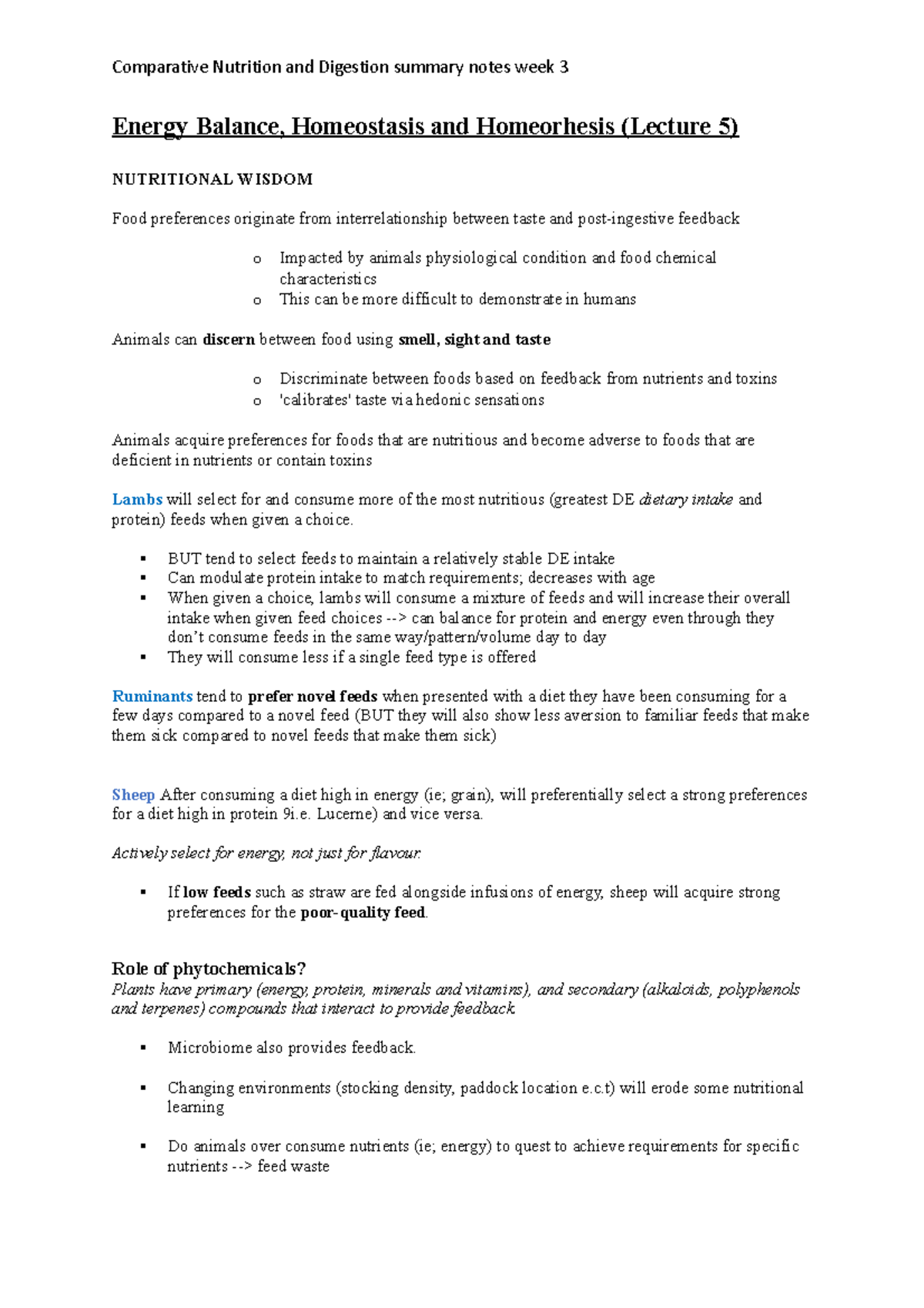 Summary week 3 - Notes - Energy Balance, Homeostasis and Homeorhesis ...