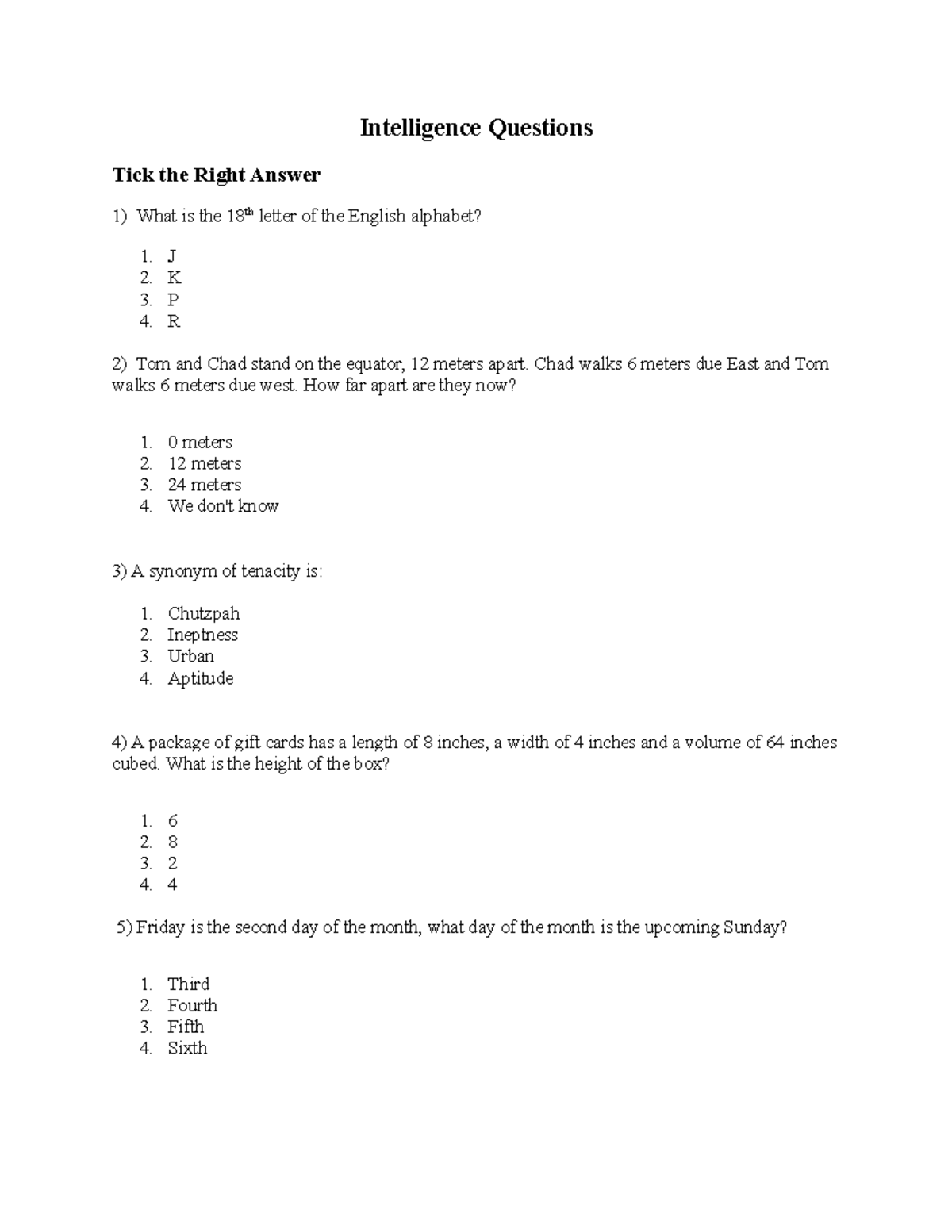 Intelligent Question-1 - Intelligence Questions Tick the Right Answer 1 ...