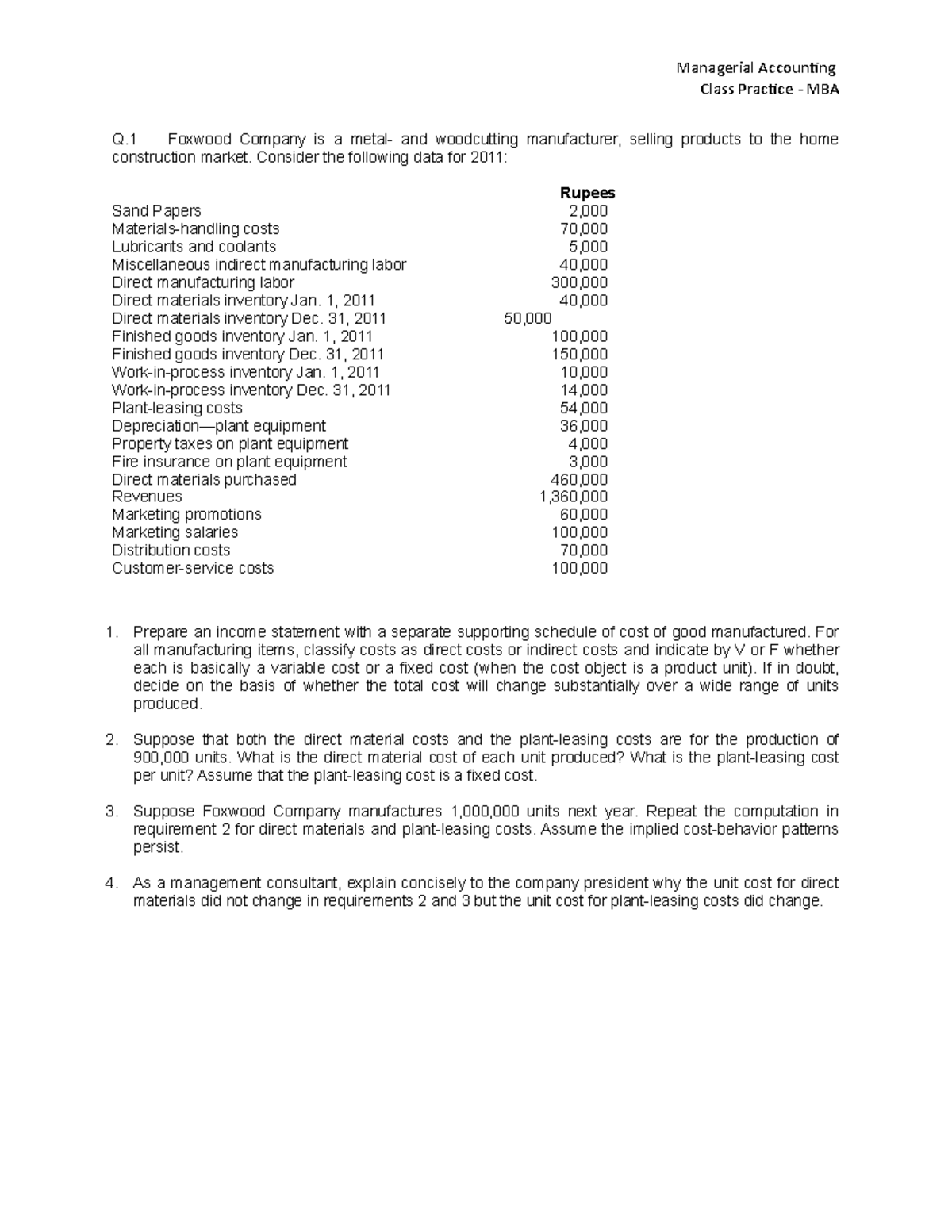 Chapter 2 - Cost term, classification - Managerial Accounting Class Practice - MBA Q Foxwood ...