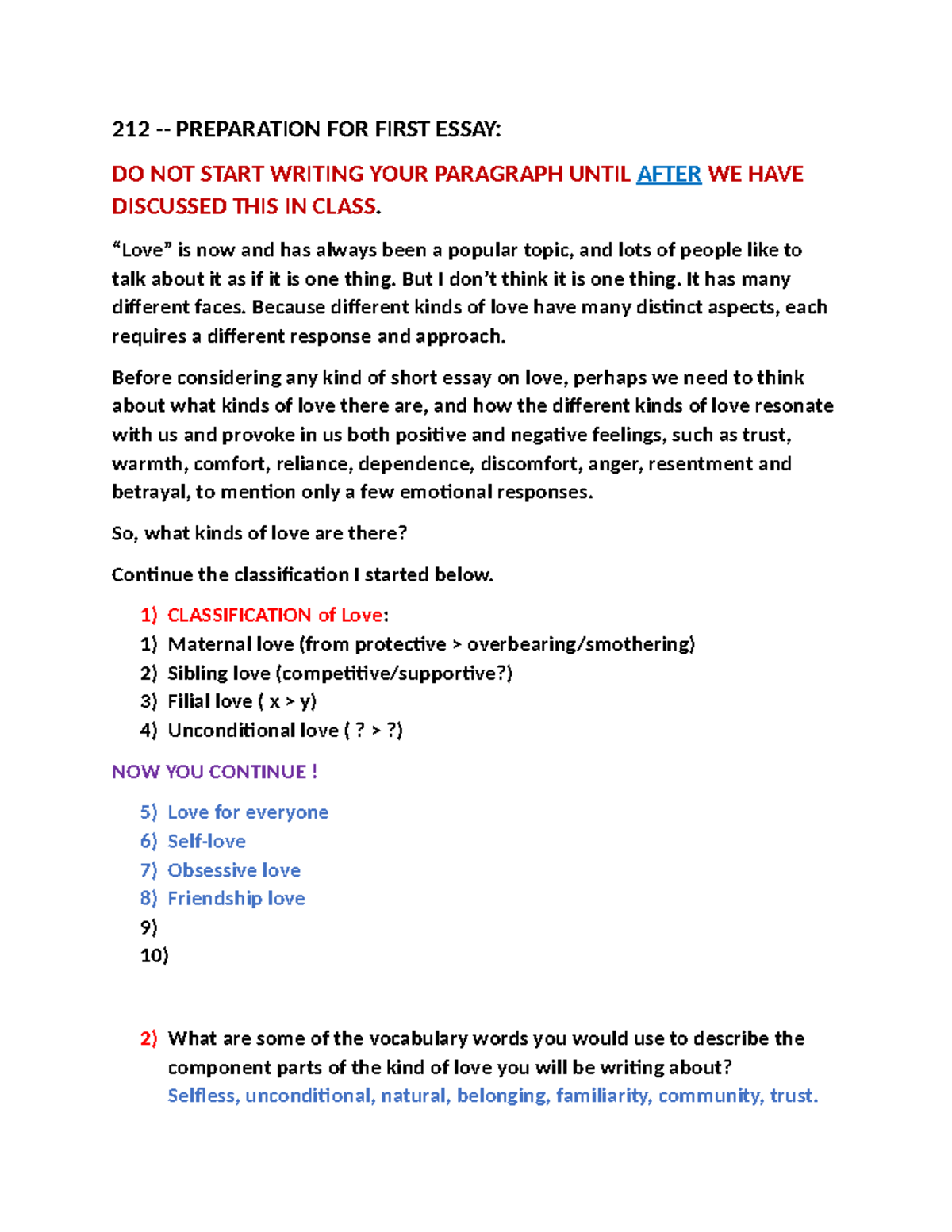 Engl 212 Prep for LOVE essay - 212 - PREPARATION FOR FIRST ESSAY: DO ...