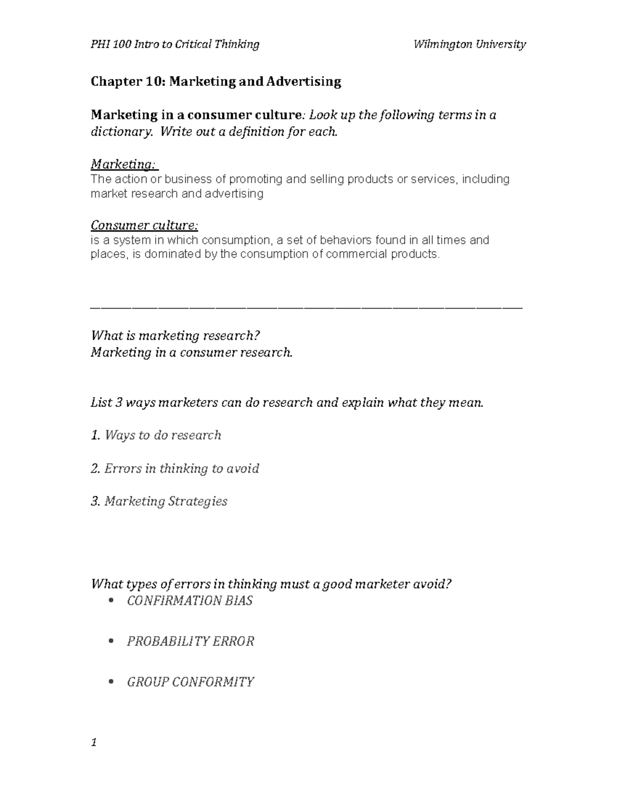 Marketing and advertising outline - PHI 100 Intro to Critical Thinking ...