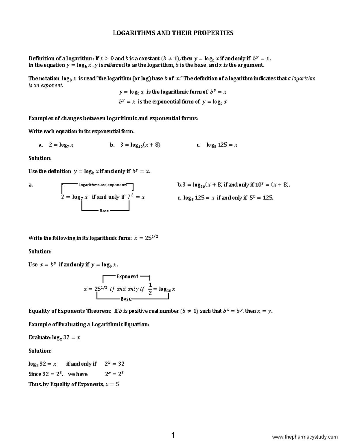 Logarithms-Notes - Bp105 - LOGARITHMS AND THEIR PROPERTIES Definition ...
