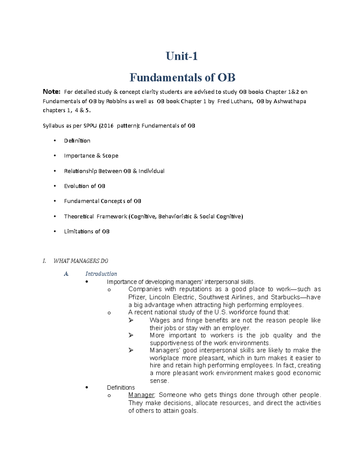 Notes Stu Fundamentals of OB final 16Aug18 - Unit- Fundamentals of OB ...