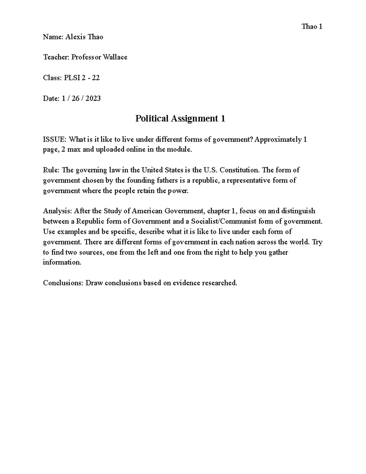 Political Assignment 1 - Thao 1 Name: Alexis Thao Teacher: Professor ...