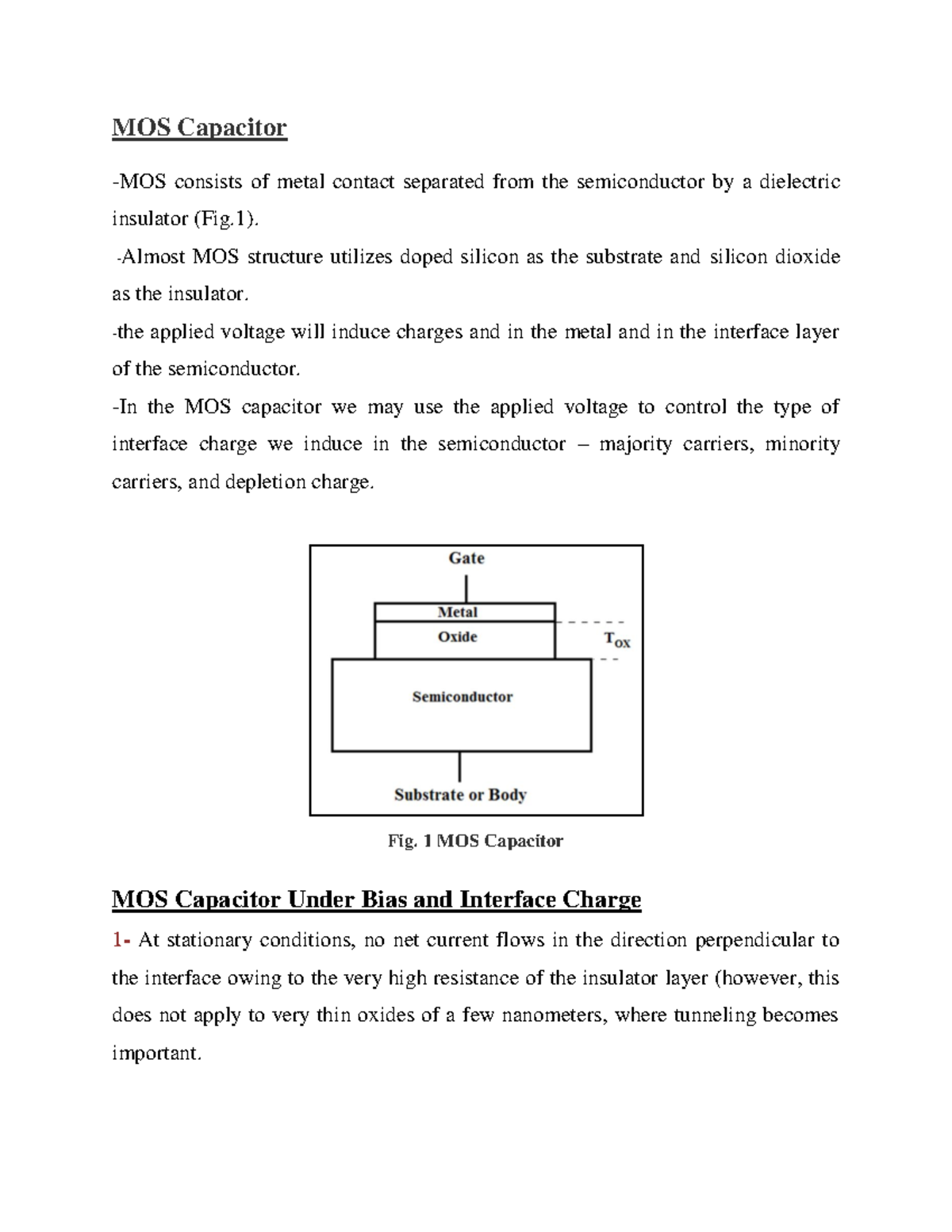 Lecture 3 (MOS) - Semicondecuter - MOS Capacitor -MOS consists of metal ...