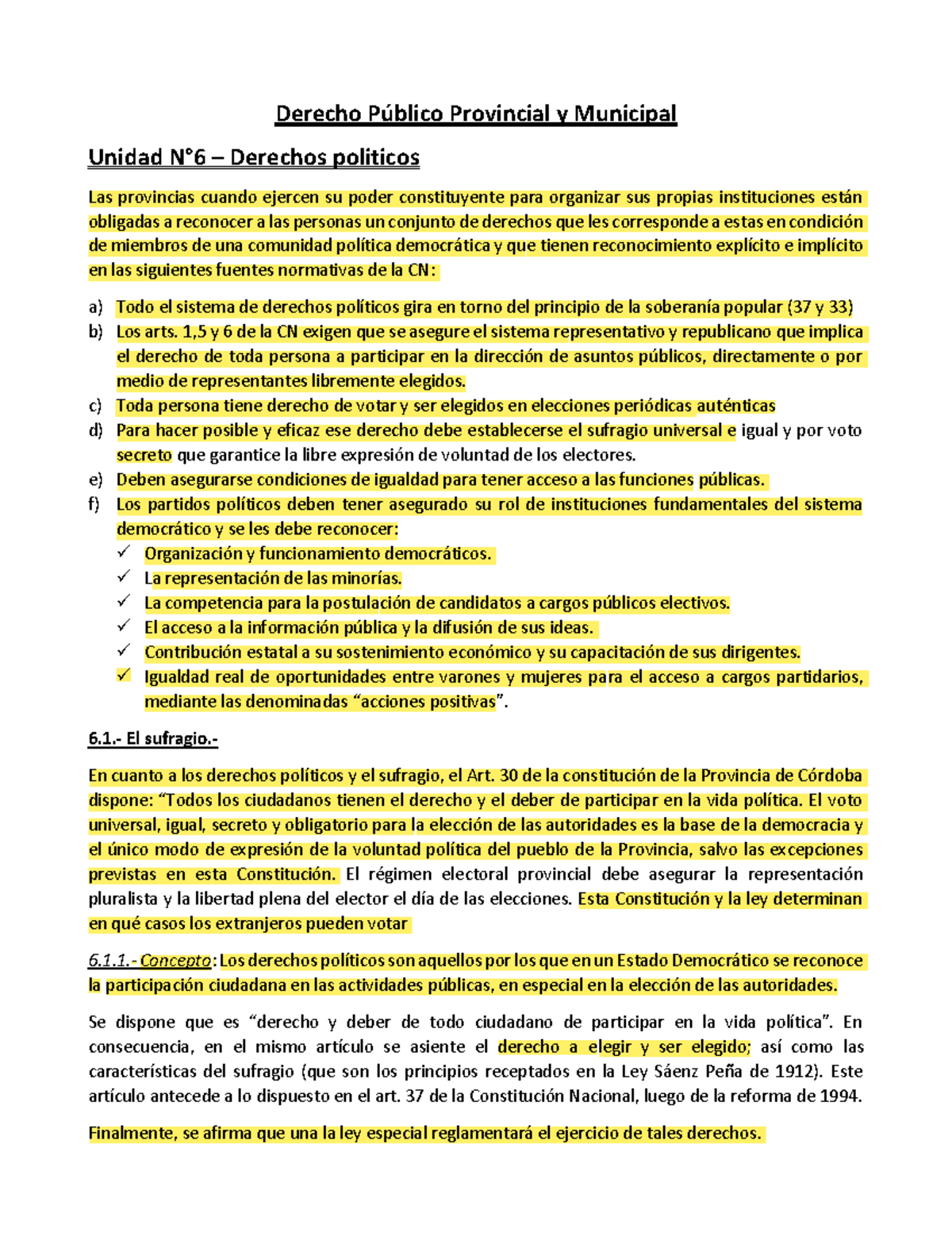 Publico - U6 - resumen unidad 6 - Derecho P ̇blico Provincial y Municipal Unidad N∞6 – Derechos ...
