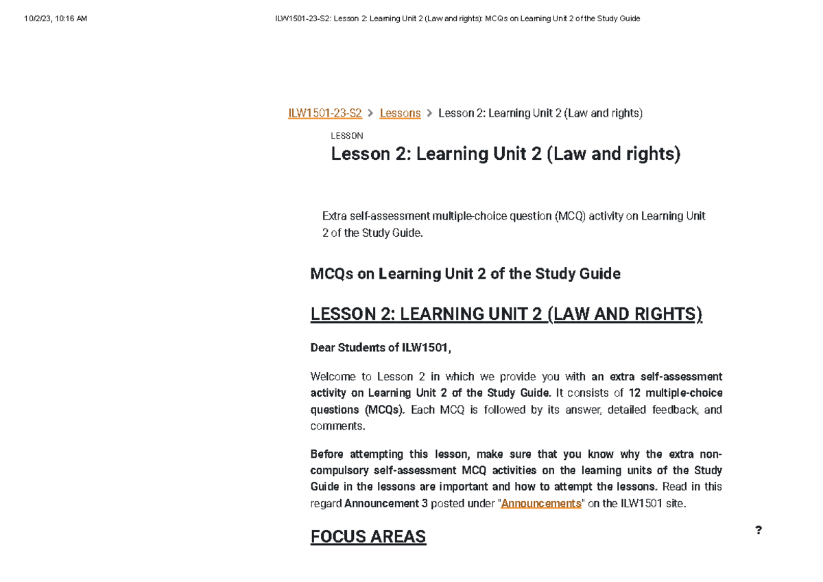 ILW1501-23-S2 Lesson 2 Learning Unit 2 (Law and rights) MCQs on ...