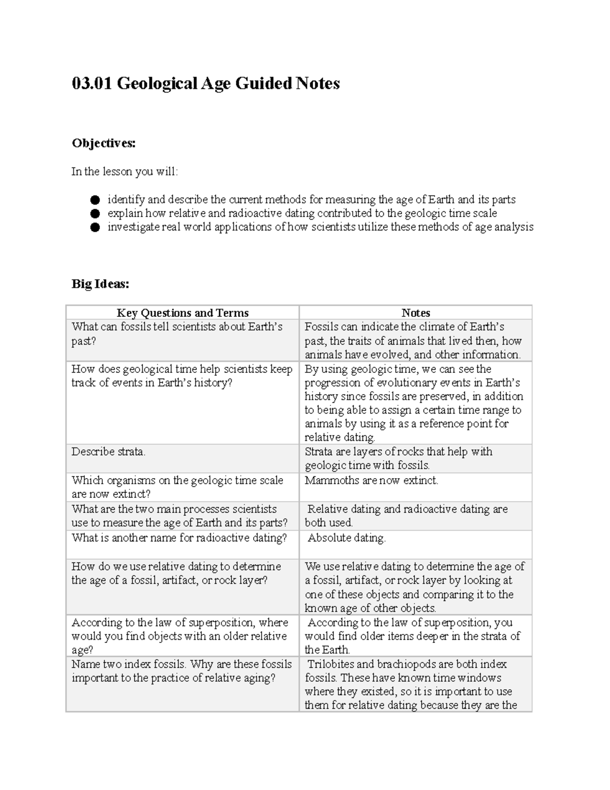 03 01 notes - 03 Geological Age Guided Notes Objectives: In the lesson ...