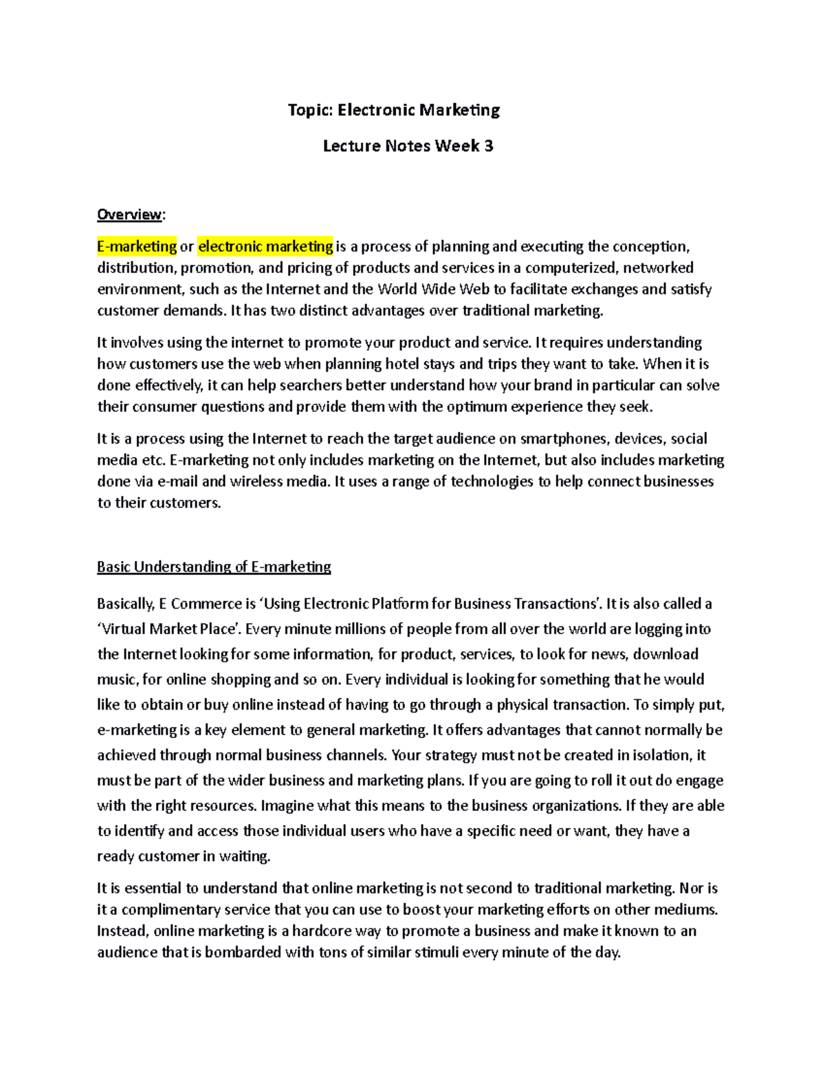 Electronic marketing - It has two distinct advantages over traditional ...