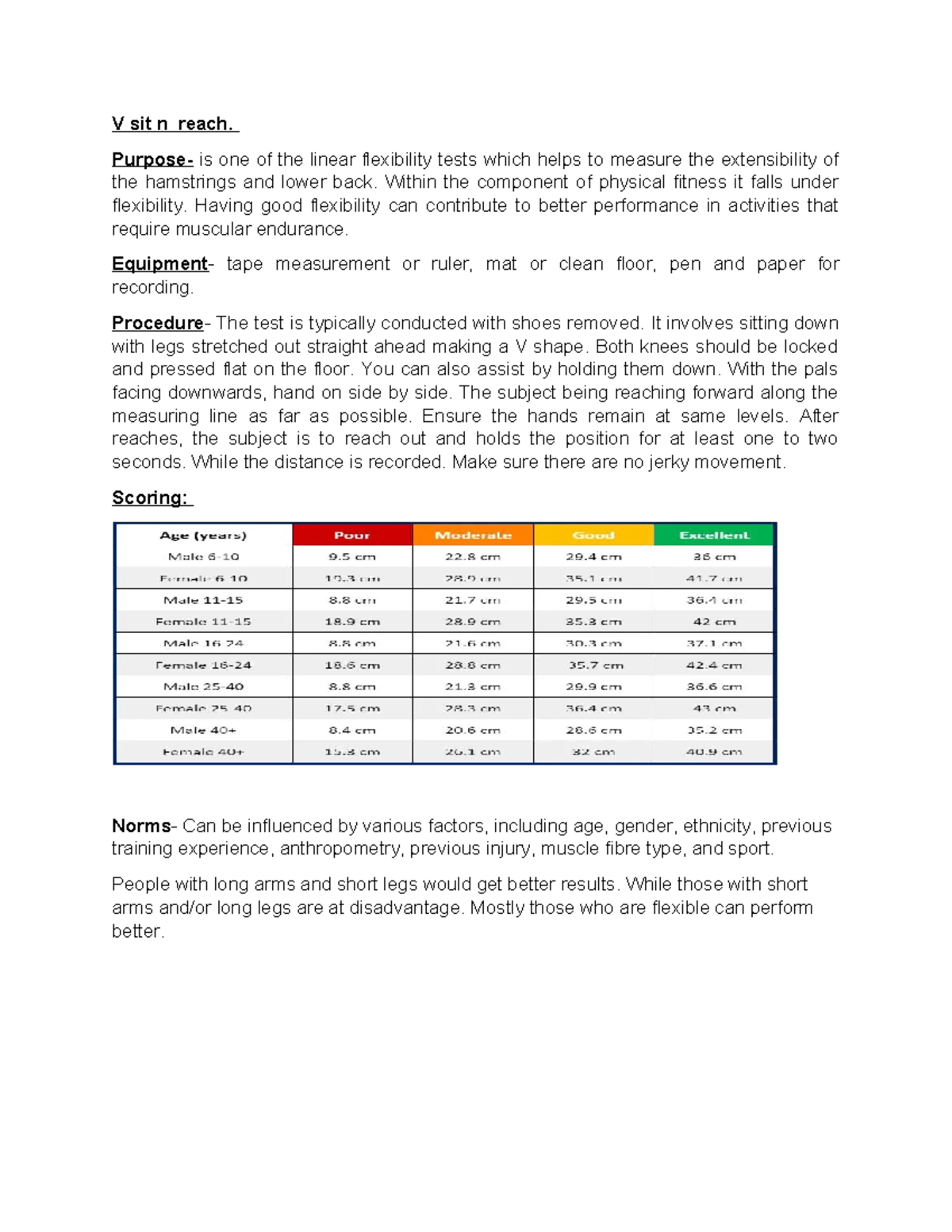 V sit n reach - Notes - V sit n reach. Purpose- is one of the linear ...