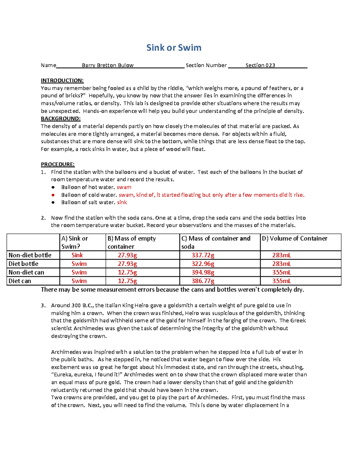 Sink or Swim - Sink or Swim Lab - Sink or Swim Name Barry Bretton Bulow ...