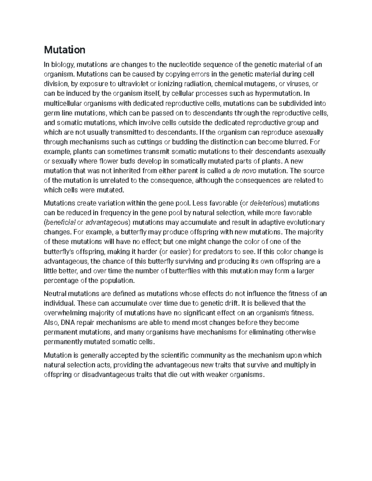 Mutation - Mutation In biology, mutations are changes to the nucleotide ...