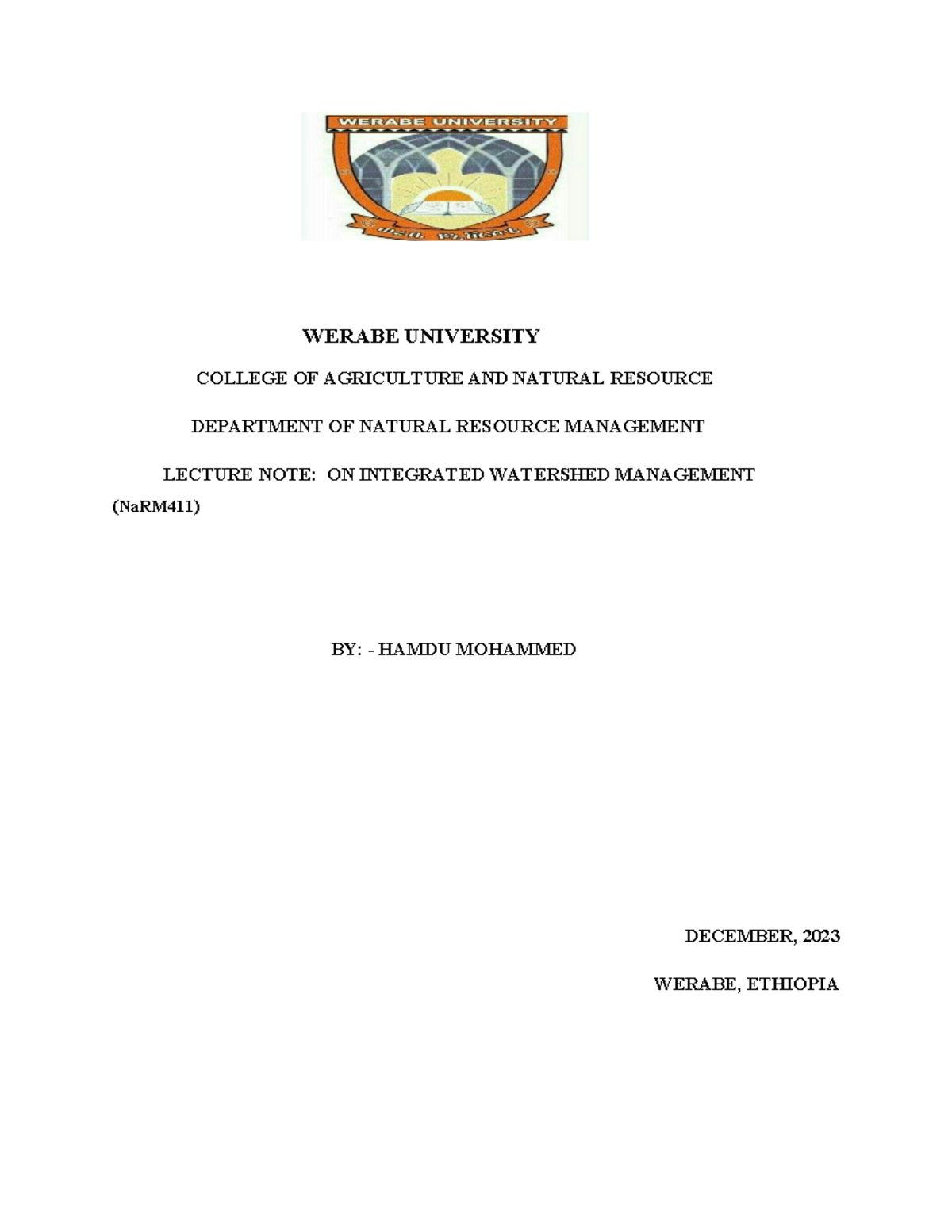 Soil and Water Mngt lecture note - WERABE UNIVERSITY COLLEGE OF ...