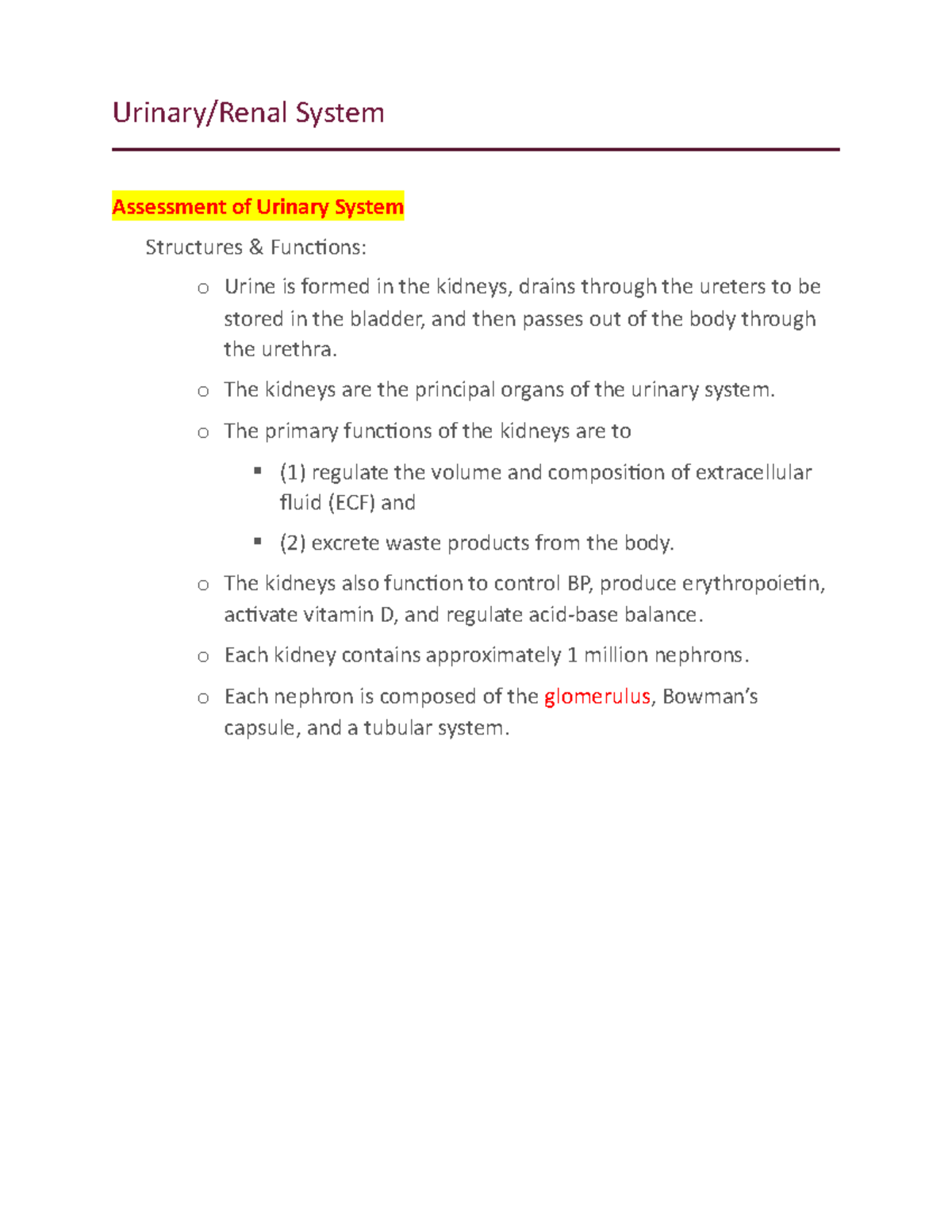 Urinary:Renal System - Urinary/Renal System Assessment of Urinary ...