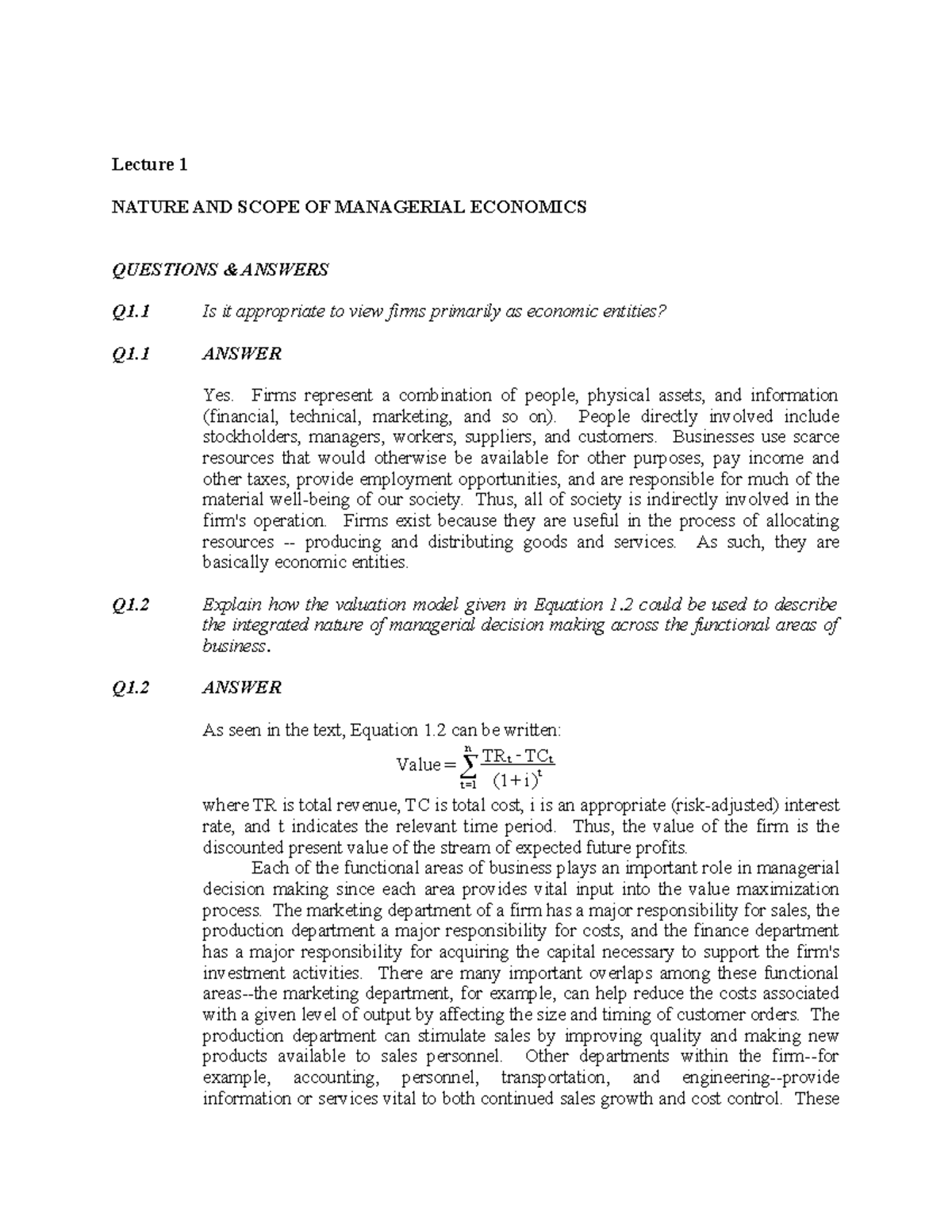 Lecture 1-Question Solutions - Lecture 1 NATURE AND SCOPE OF MANAGERIAL ...