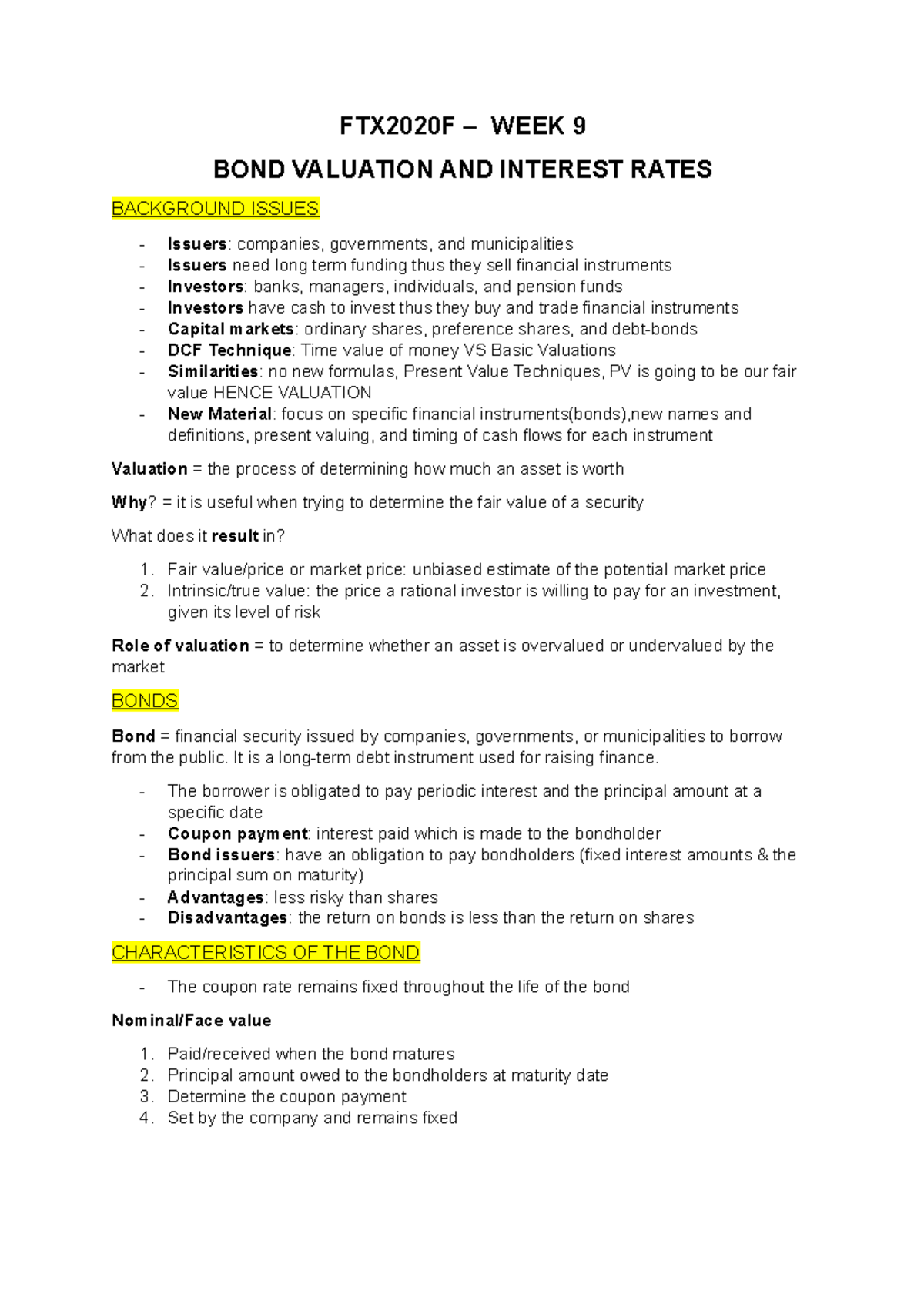 FTX2020 WEEK 9 Summary - FTX2020F – WEEK 9 BOND VALUATION AND INTEREST ...