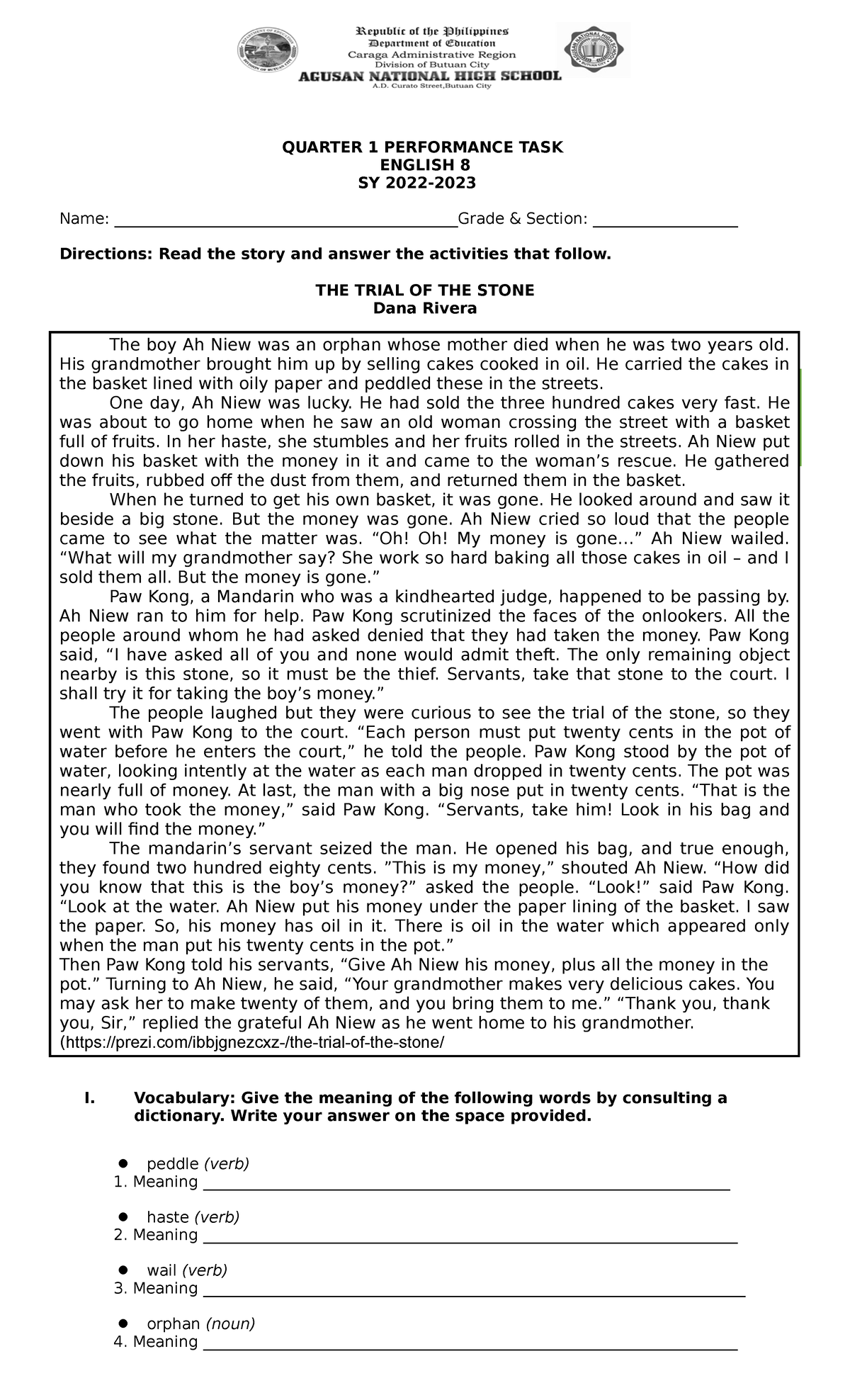 Q1- Performance-TASK-1- Students - QUARTER 1 PERFORMANCE TASK ENGLISH 8 SY 2022- Name: - Studocu