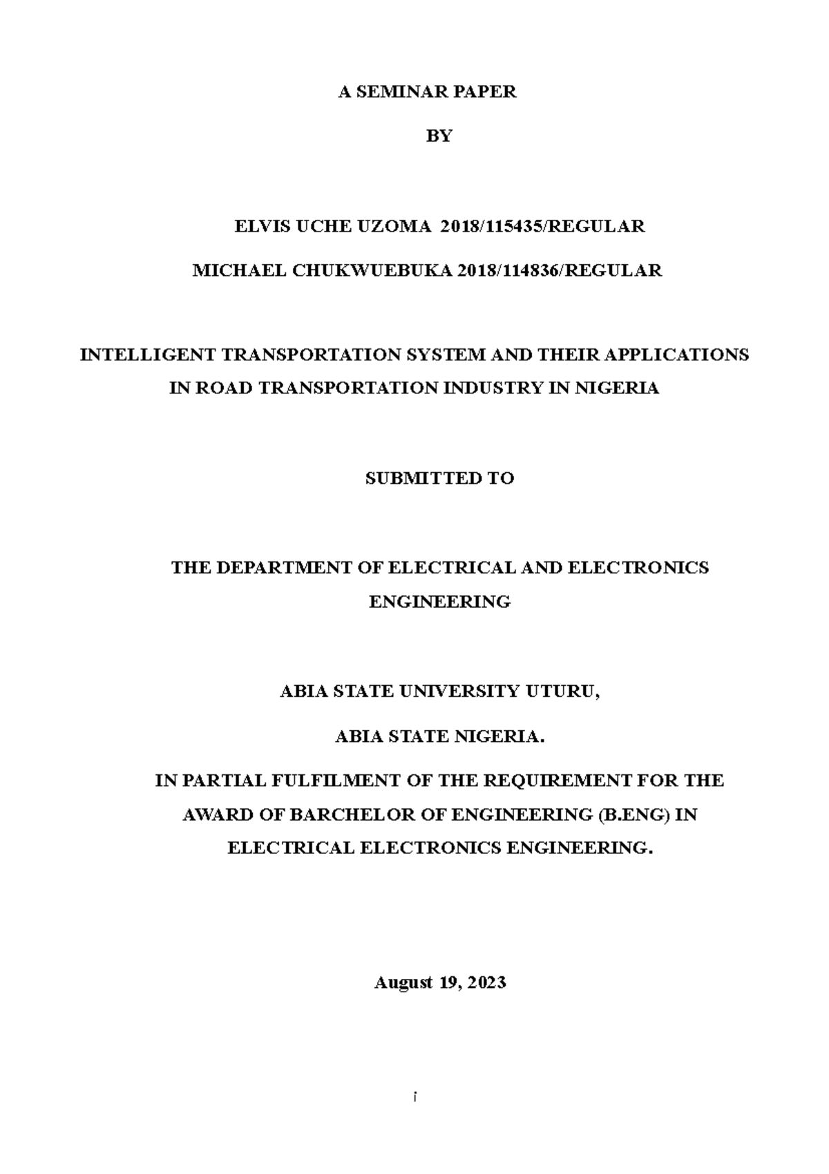 A Seminar Paper - engineering - A SEMINAR PAPER BY ELVIS UCHE UZOMA ...