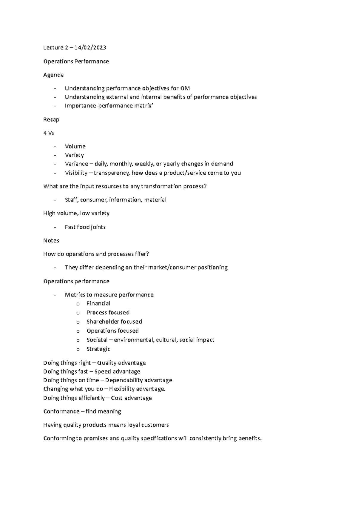 Lecture 2 - ops management - Lecture 2 – 14/02/ Operations Performance ...