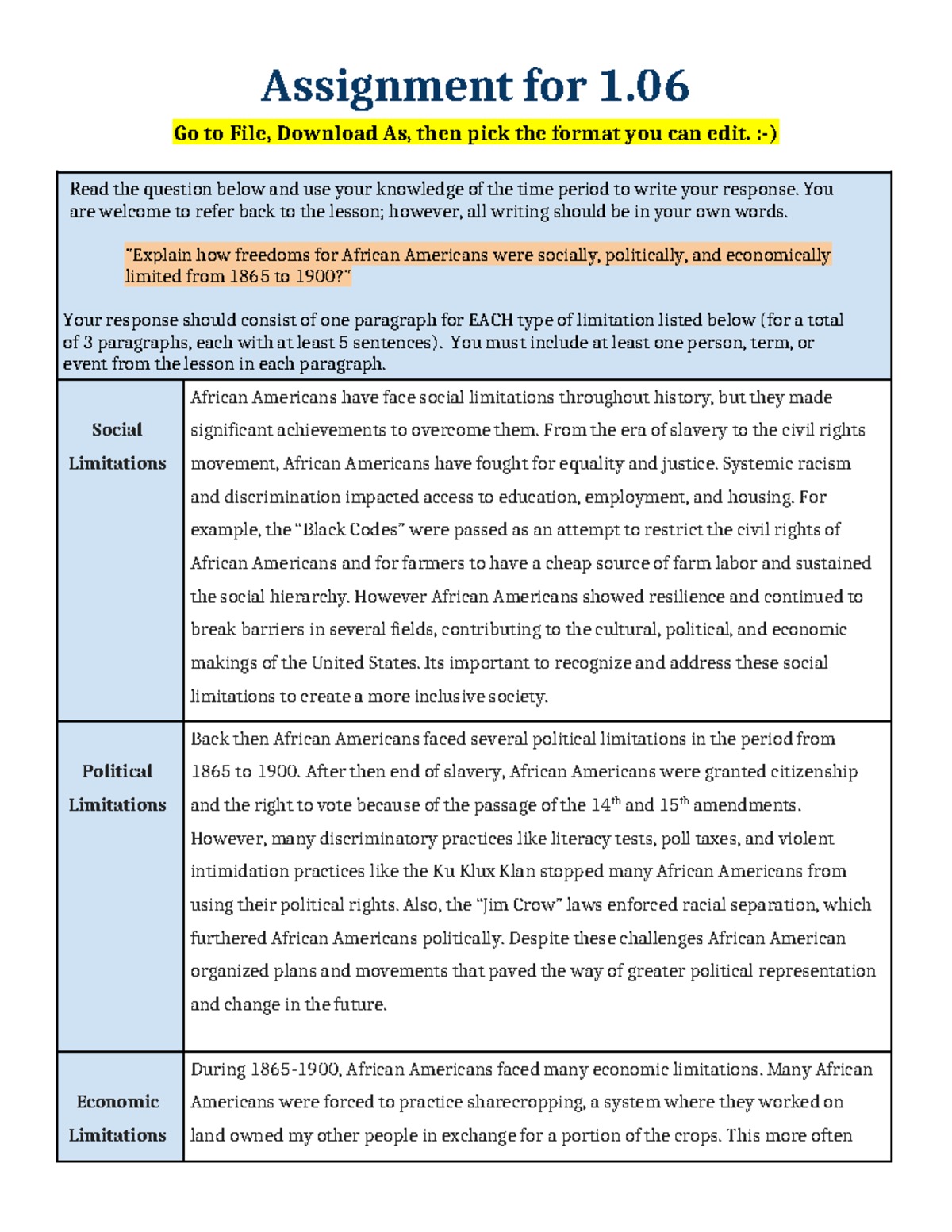 US HISTORY 1.06 - Assignment for 1. Go to File, Download As, then pick ...