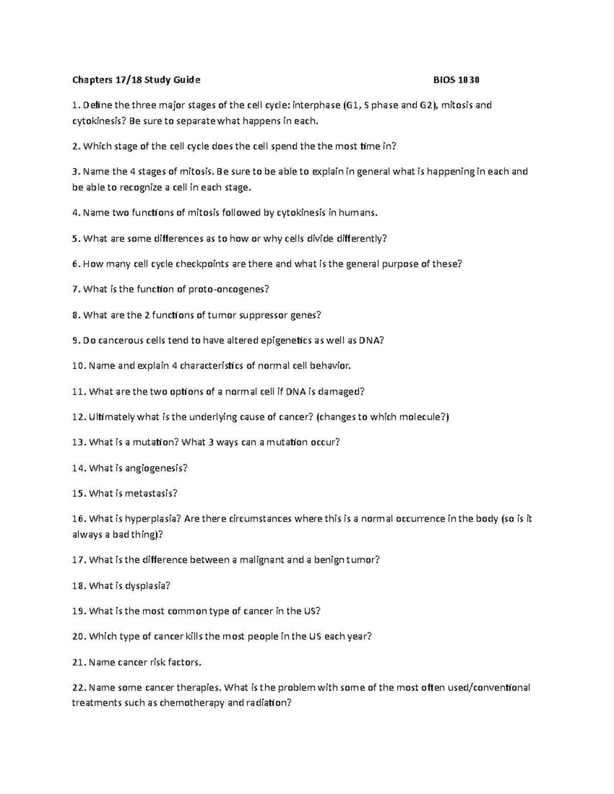 Chapter 17 and 18 study guide - Chapters 17/18 Study Guide BIOS 1030 ...