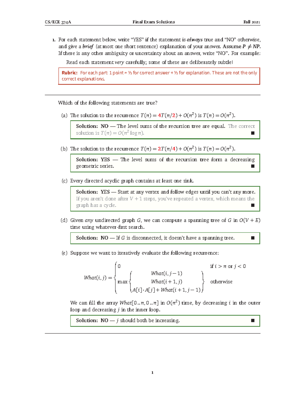 Final sol - Solutions - For each statement below, write “YES” if the ...