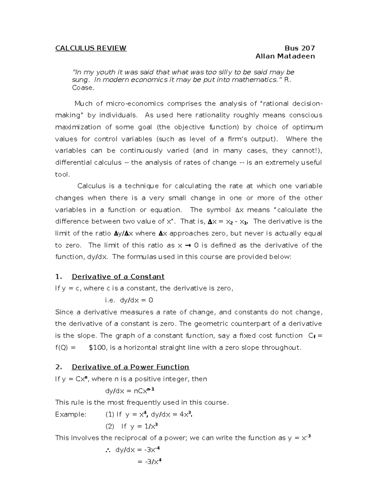 Calculus Review - Need to know for course - CALCULUS REVIEW Bus 207 ...