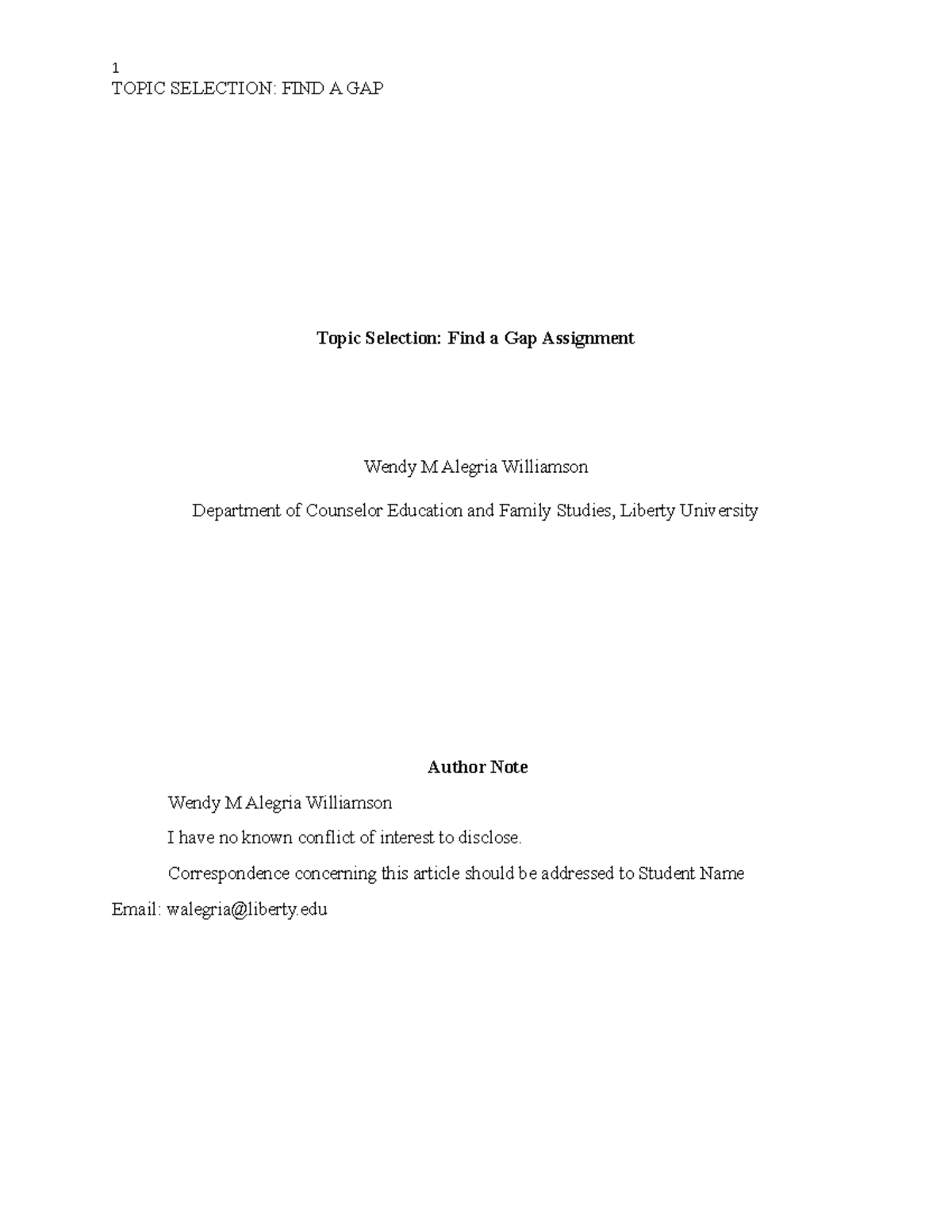 Topic Selection Find a Gap Assignment Example - Copy - TOPIC SELECTION: FIND A GAP Topic ...