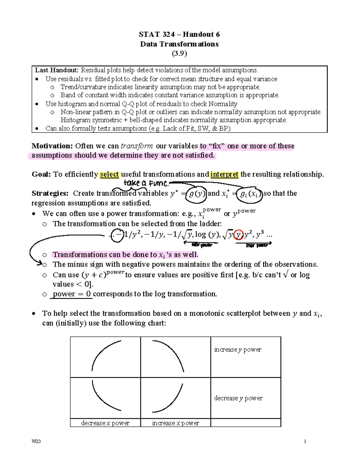 Handout 6 - STAT 324 – Handout 6 Data Transformations (3) Last Handout ...