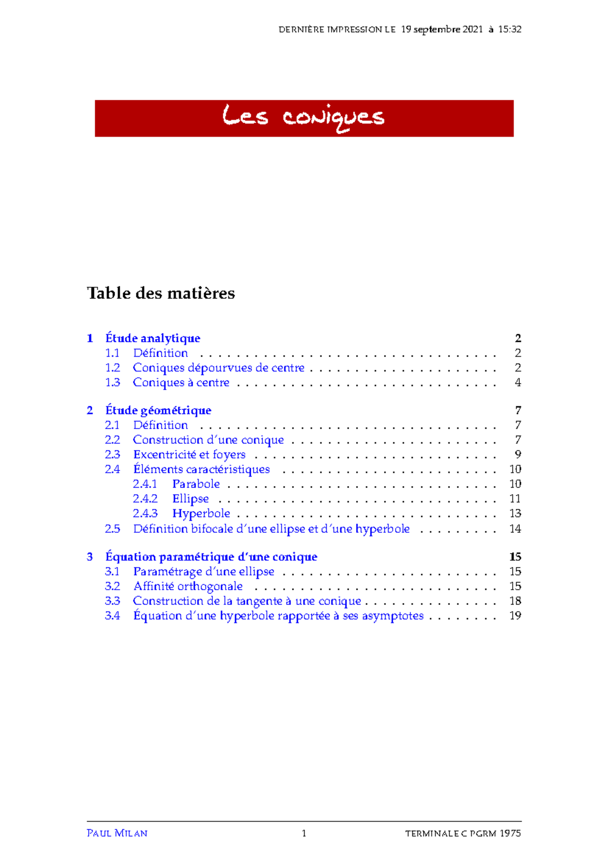 01 cours les coniques term C - Les coniques - DERNIÈRE IMPRESSION LE 19 septembre 2021 à 15: 1 ...
