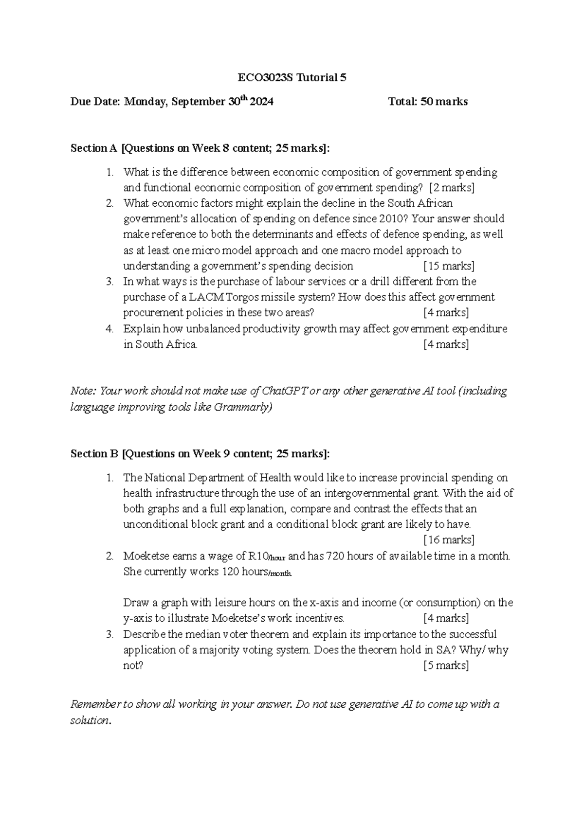 Tutorial 5 - ECO3023S Tutorial 5 Due Date: Monday, September 30 th 2024 ...