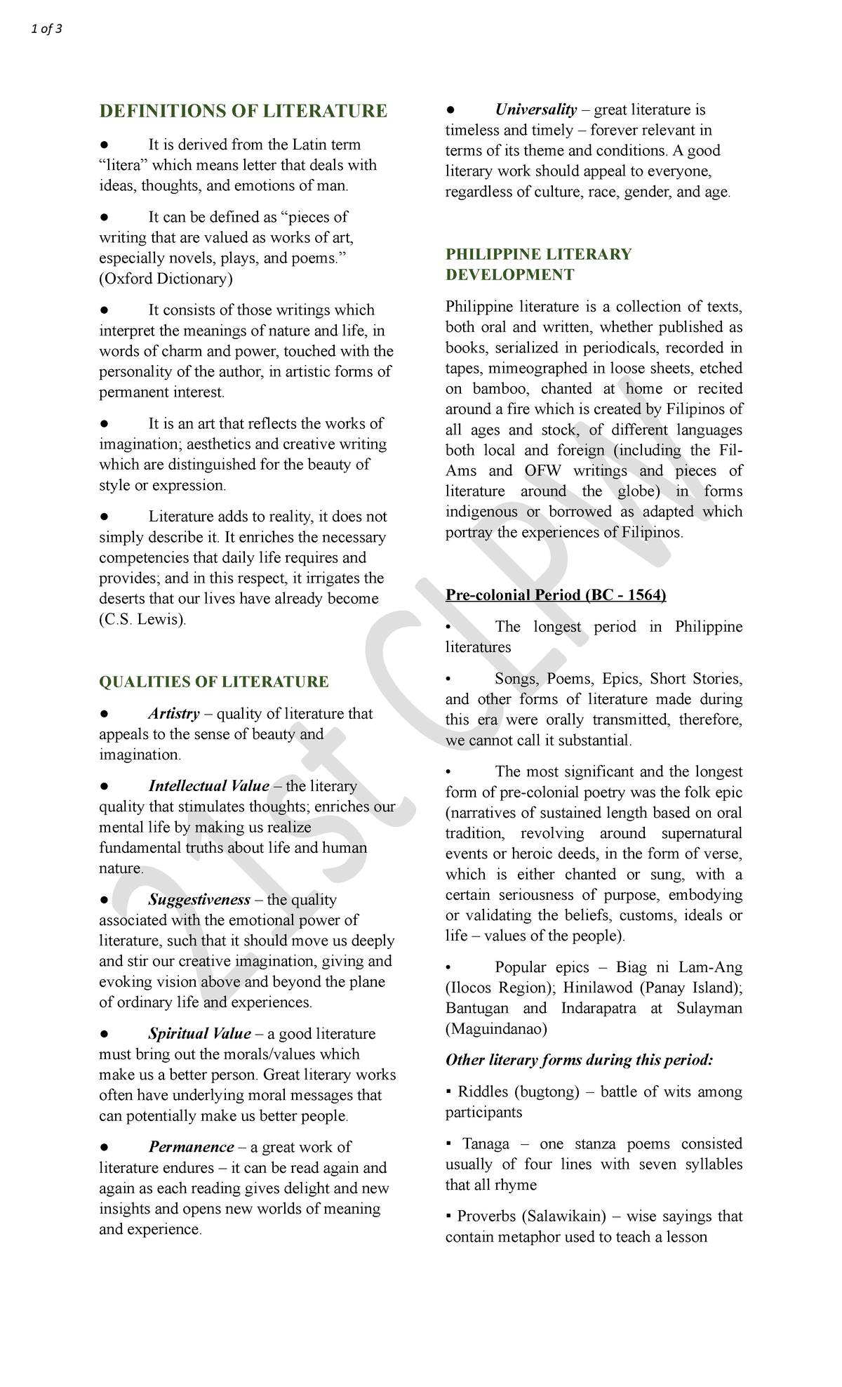 CLPW- Handouts - Notes - DEFINITIONS OF LITERATURE It is derived from ...