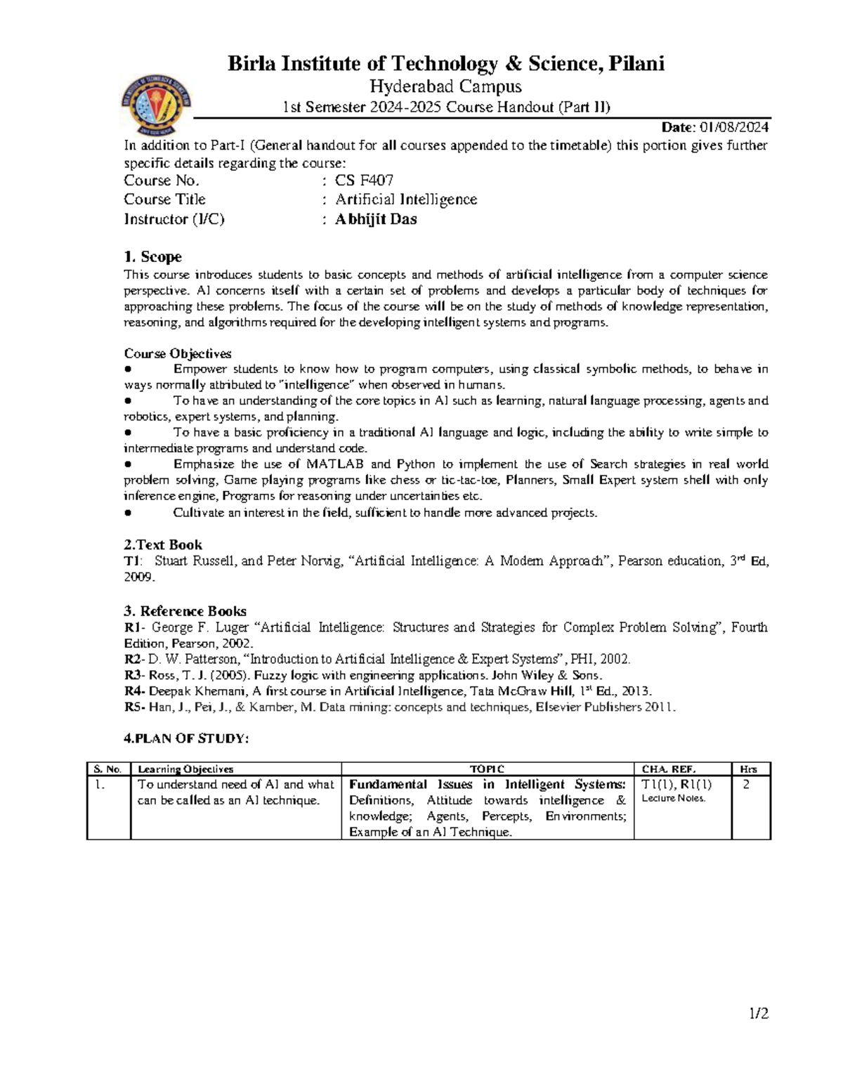 AI Handout - Course Details - 1 / Birla Institute of Technology & Science, Pilani Hyderabad ...