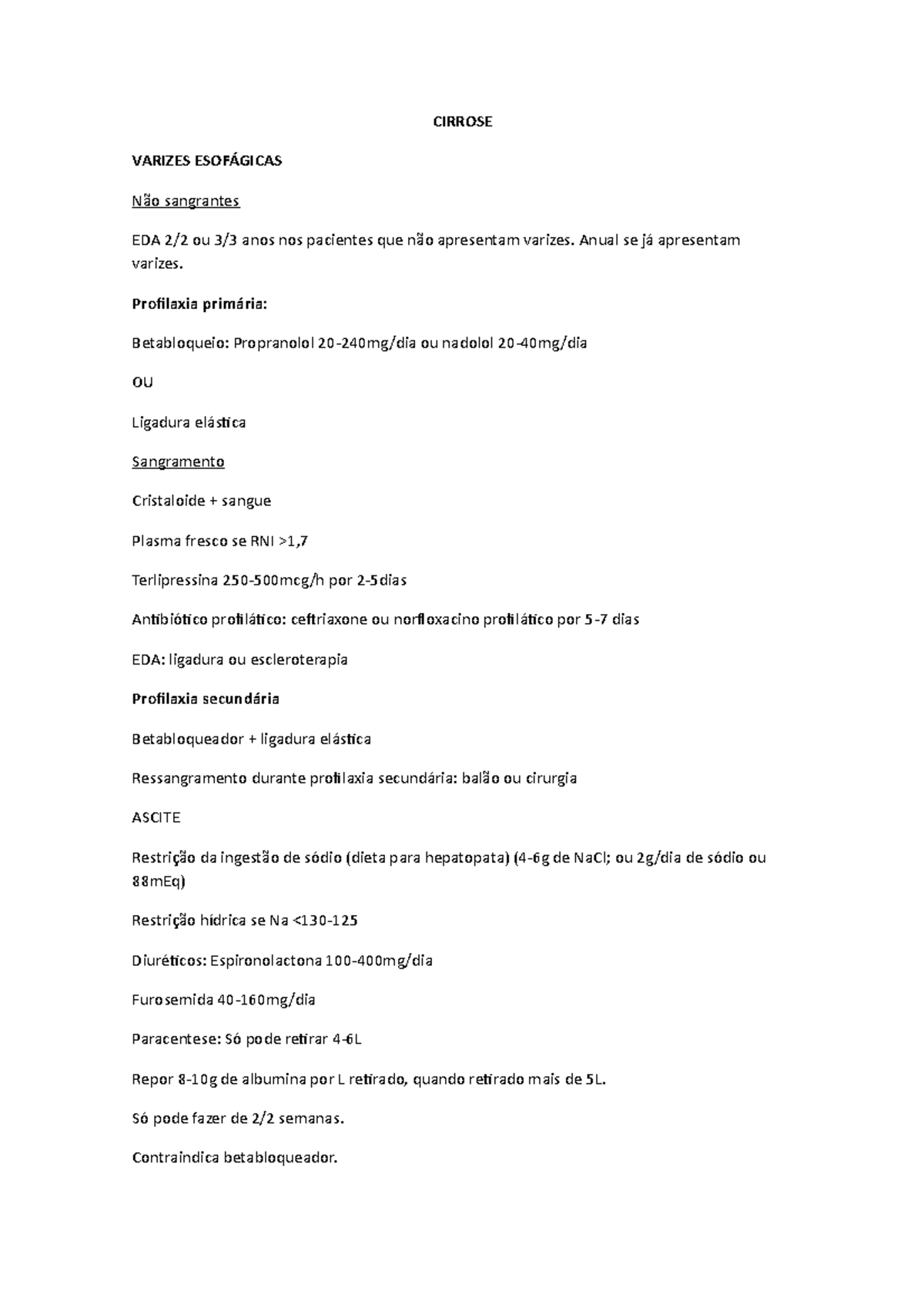 Cirrose - Resumo completo - CIRROSE VARIZES ESOFÁGICAS Não sangrantes ...