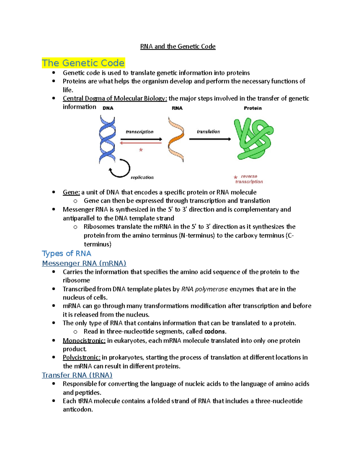 RNA and the Genetic Code - Central Dogma of Molecular Biology: the ...