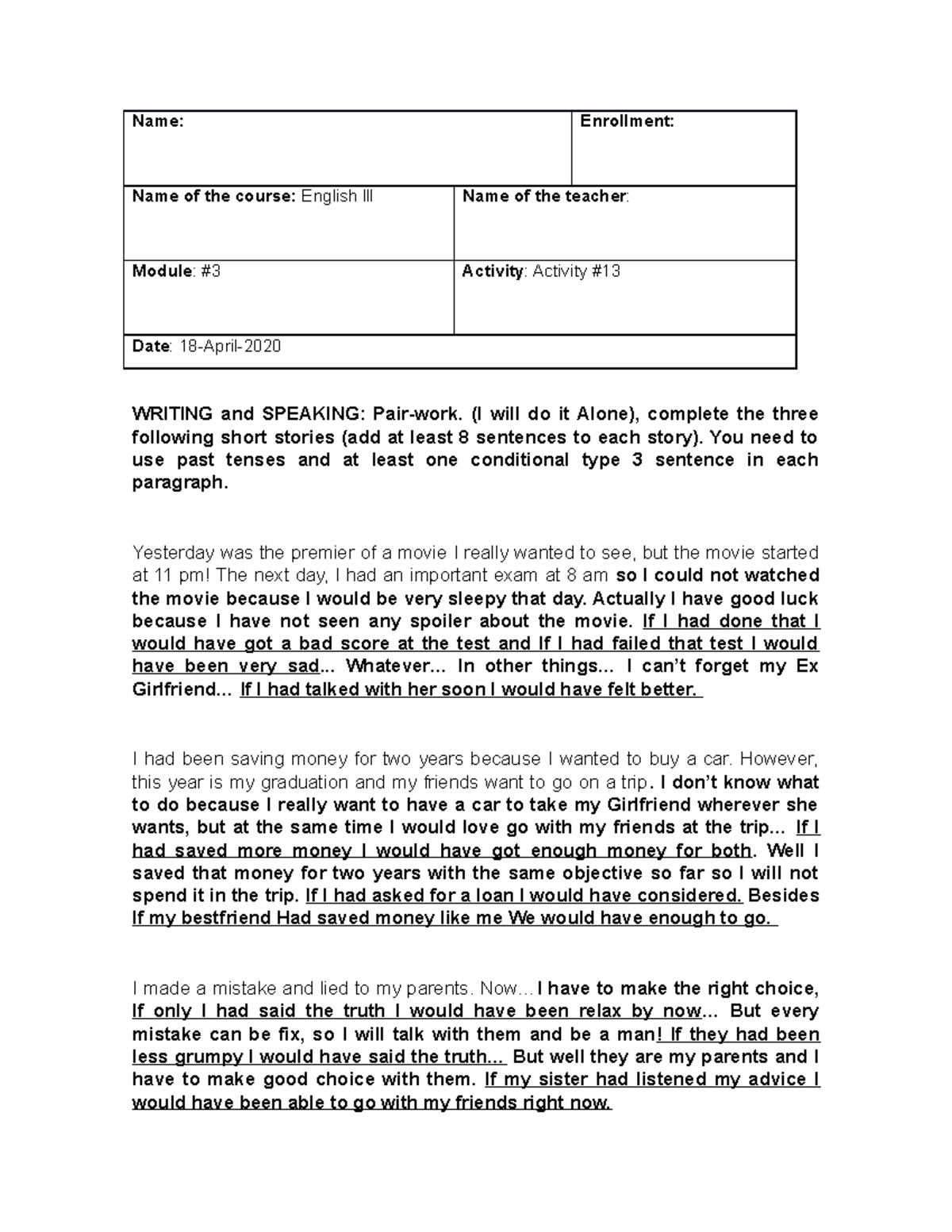 Acitivity 13 - Actividad 13, ingles lll - Name: Enrollment: Name of the ...
