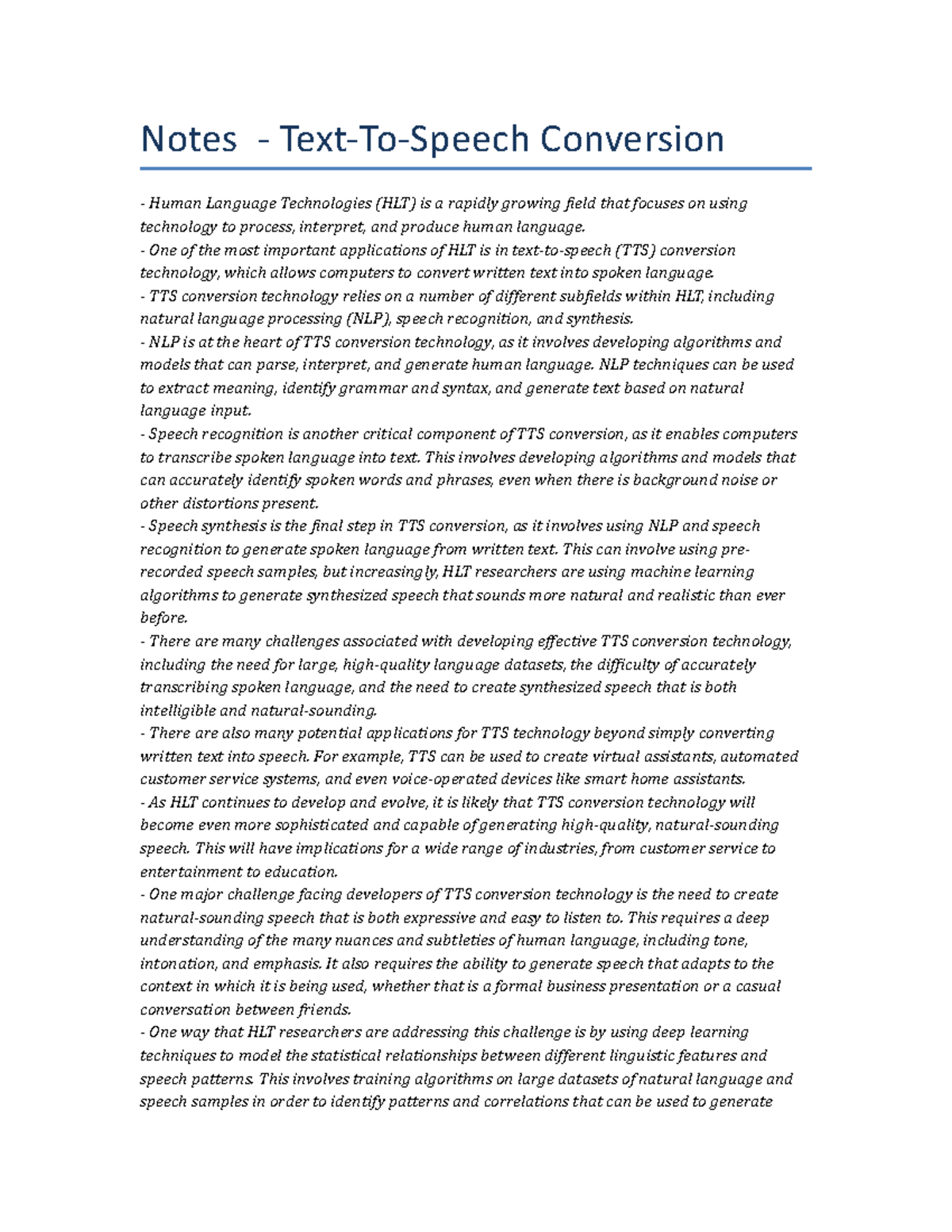 Notes on HLT and TTS Conversion Technology - Studocu