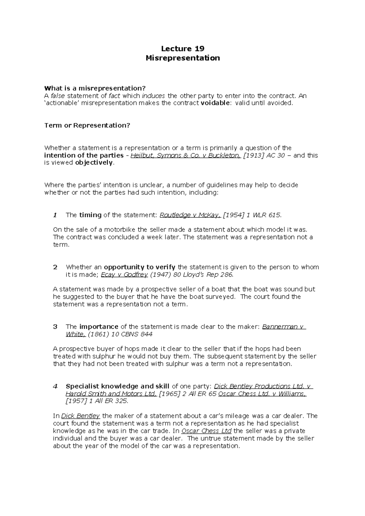 Misrepresentation - Lecture 19 Misrepresentation What is a ...