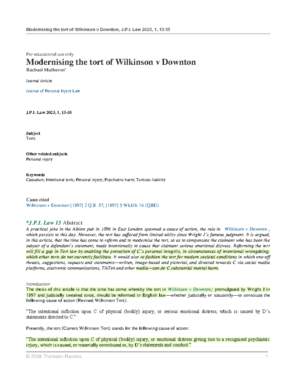 Modernising the tort of Wilkinson v Downton - For educational use only ...